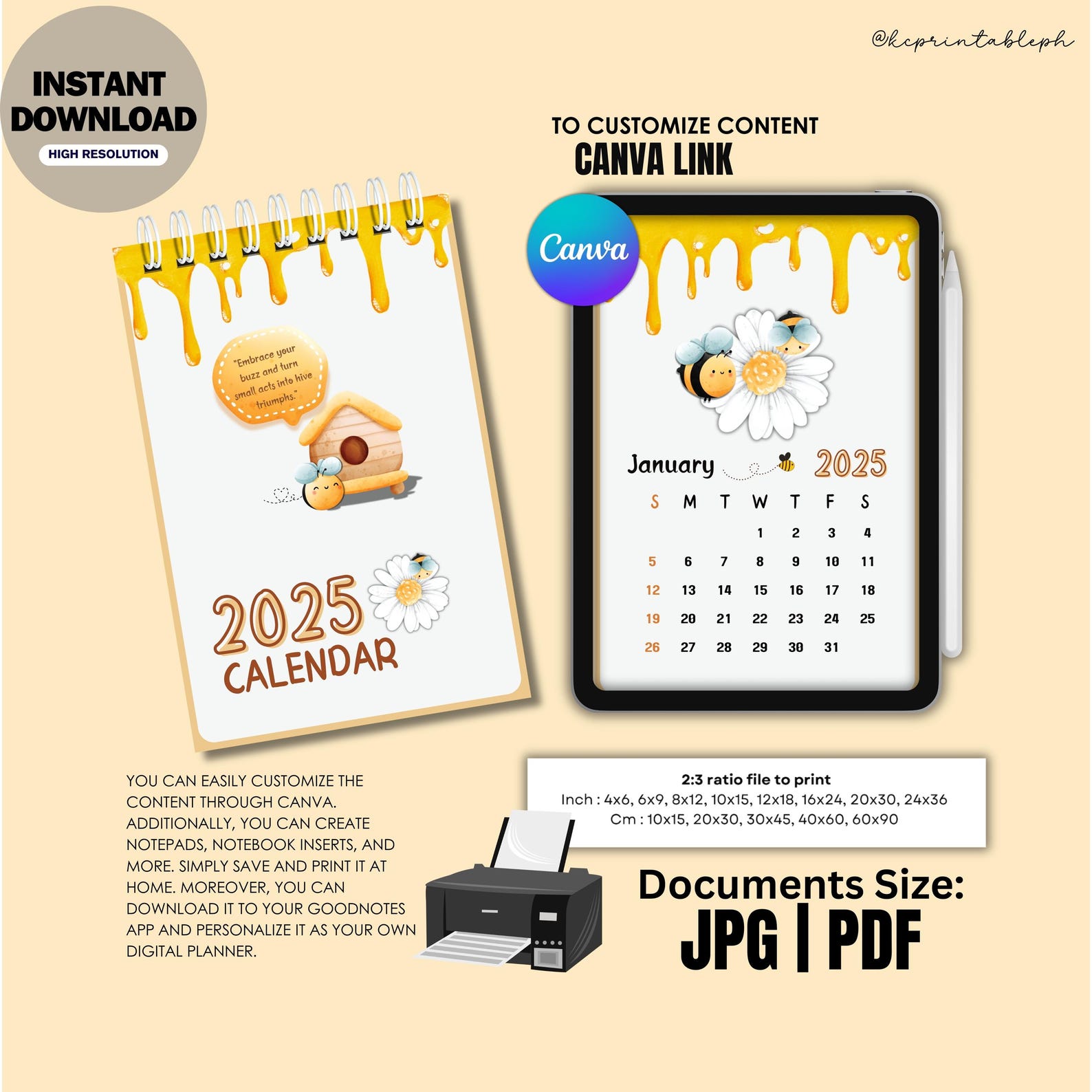 Honey Bee Desk Calendar Template 2026 Cricut & Canva Editable (digital ...
