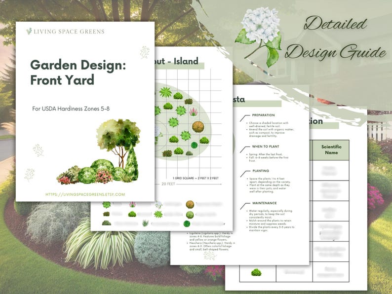 Zone 9 Hydrangea Landscape Design (partial Shade): Premade Front Yard Plan Curb Appeal - Etsy