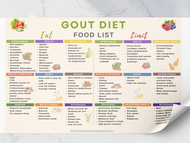 Gout Diet Food List: Low Purine Foods Chart (digital Download) Grocery ...