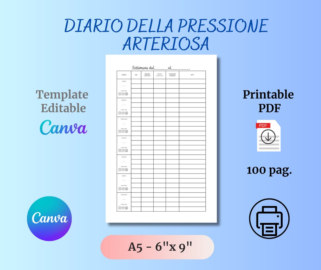 Diario Della Pressione Arteriosa, Interno Kdp, Pdf Stampabile, Template ...