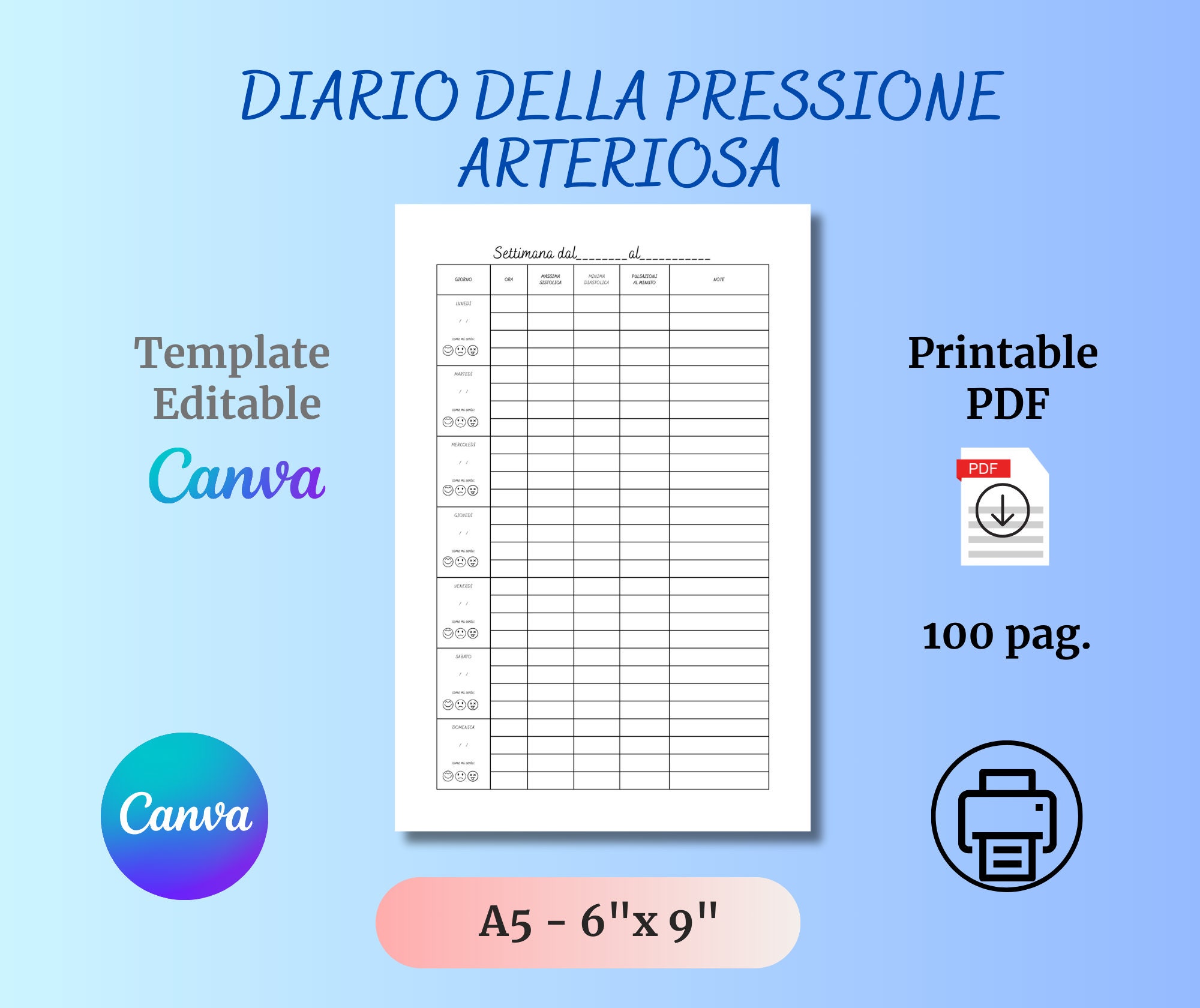 Diario Della Pressione Arteriosa, Interno Kdp, Pdf Stampabile, Template ...