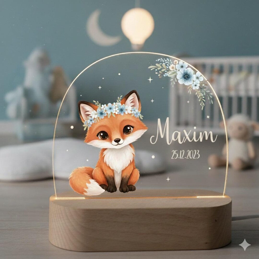 Personalized Baby Fox Night Light | Custom Name & Date LED Nursery Lamp ...