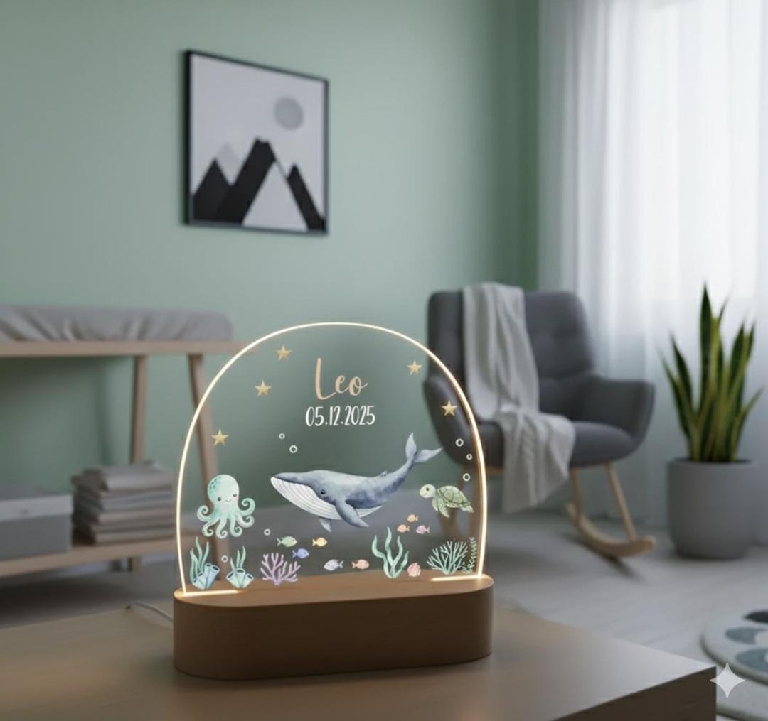 Personalized Ocean Night Light for Nursery Decor, Custom Engraved Whale ...