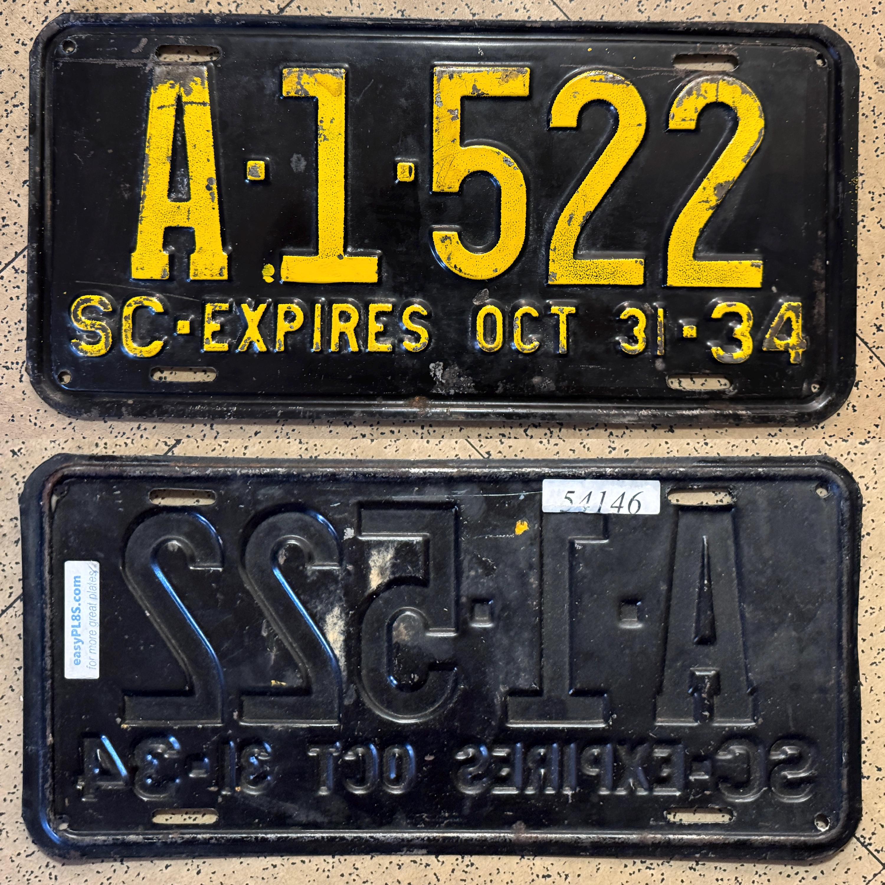 Vintage South Carolina License Plates – ALL ORIGINAL Antique Auto Tags ...