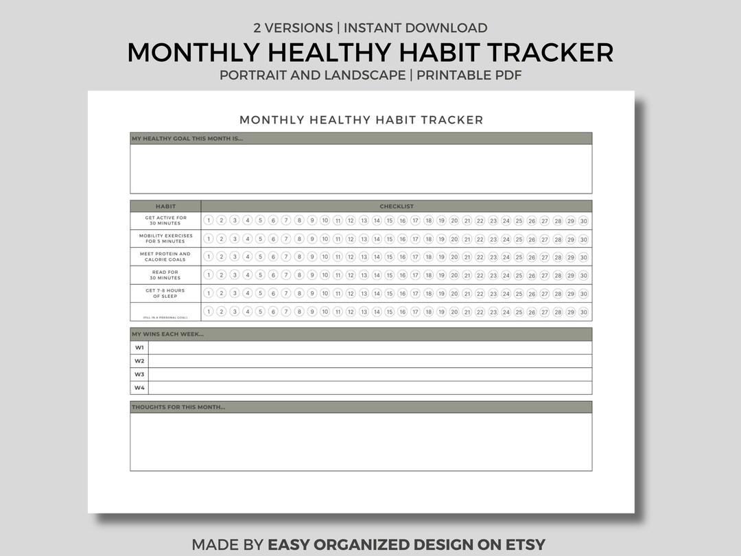 Monthly Healthy Habit Tracker Printable Habit Tracker - Etsy