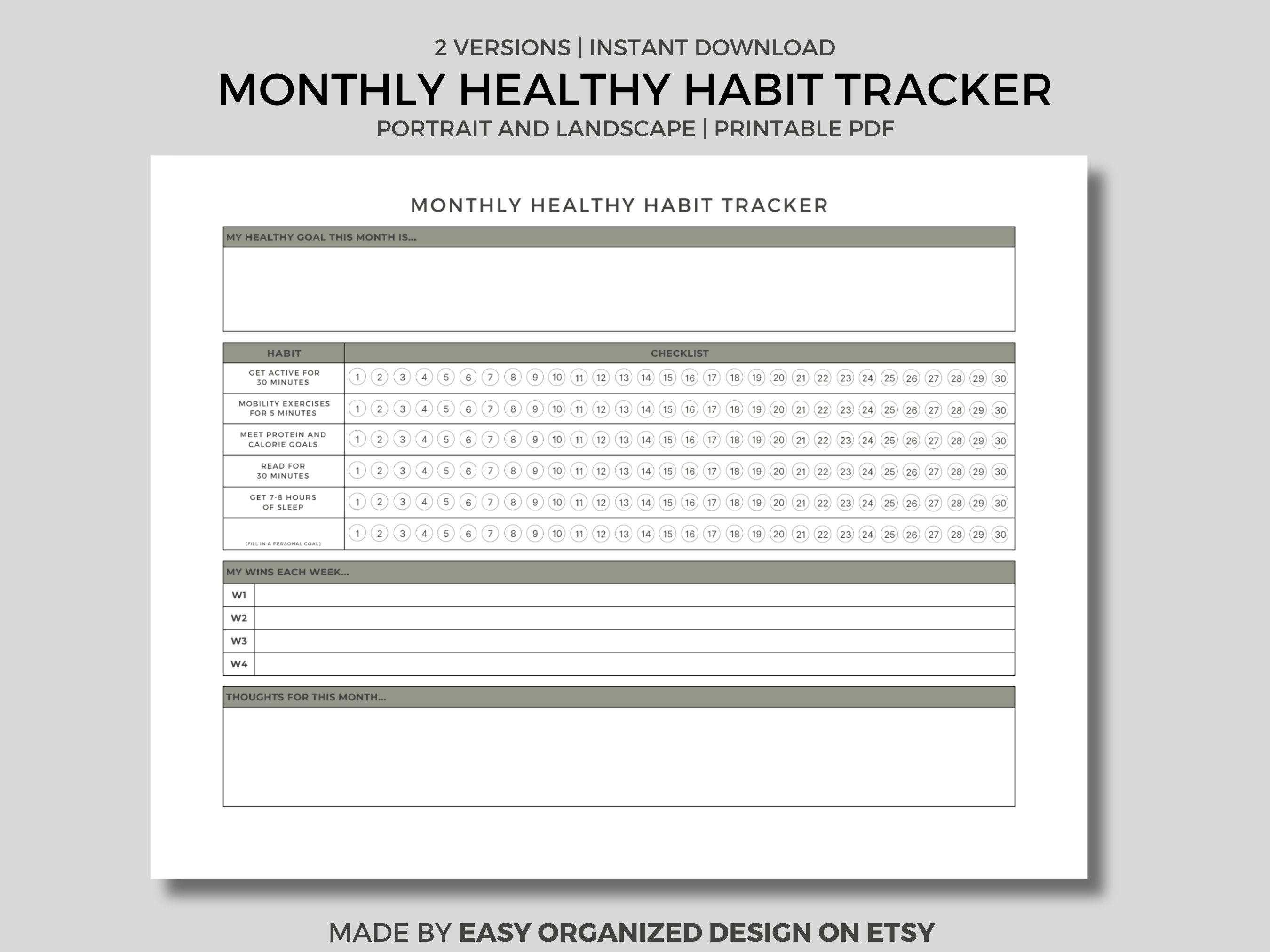 Monthly Healthy Habit Tracker Printable Habit Tracker - Etsy