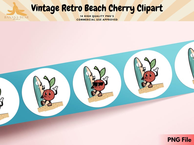 Retro Beach Cherry Clipart | Surfboard PNG Bundle (digital Download) - Etsy