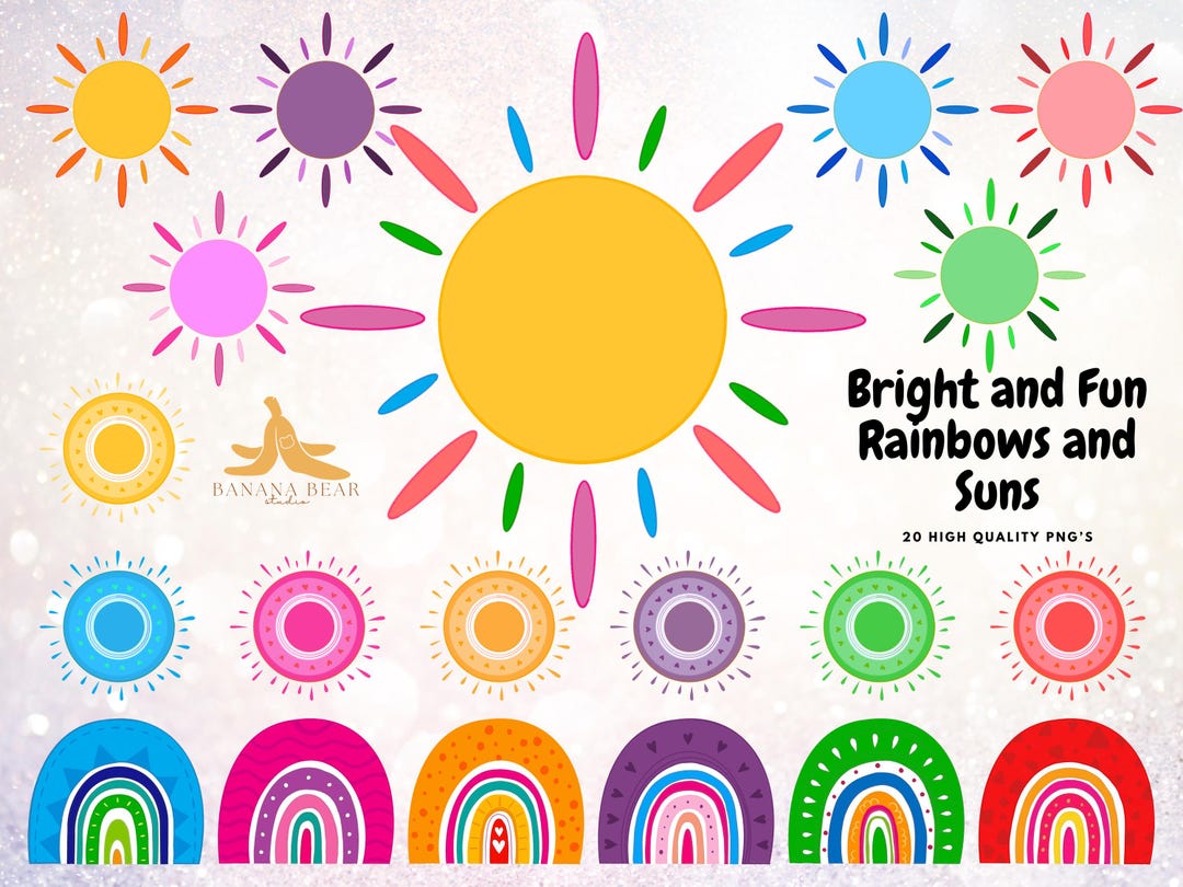 Rainbow and Sun Clipart, Hand Drawn PNG, Commercial Use (digital ...