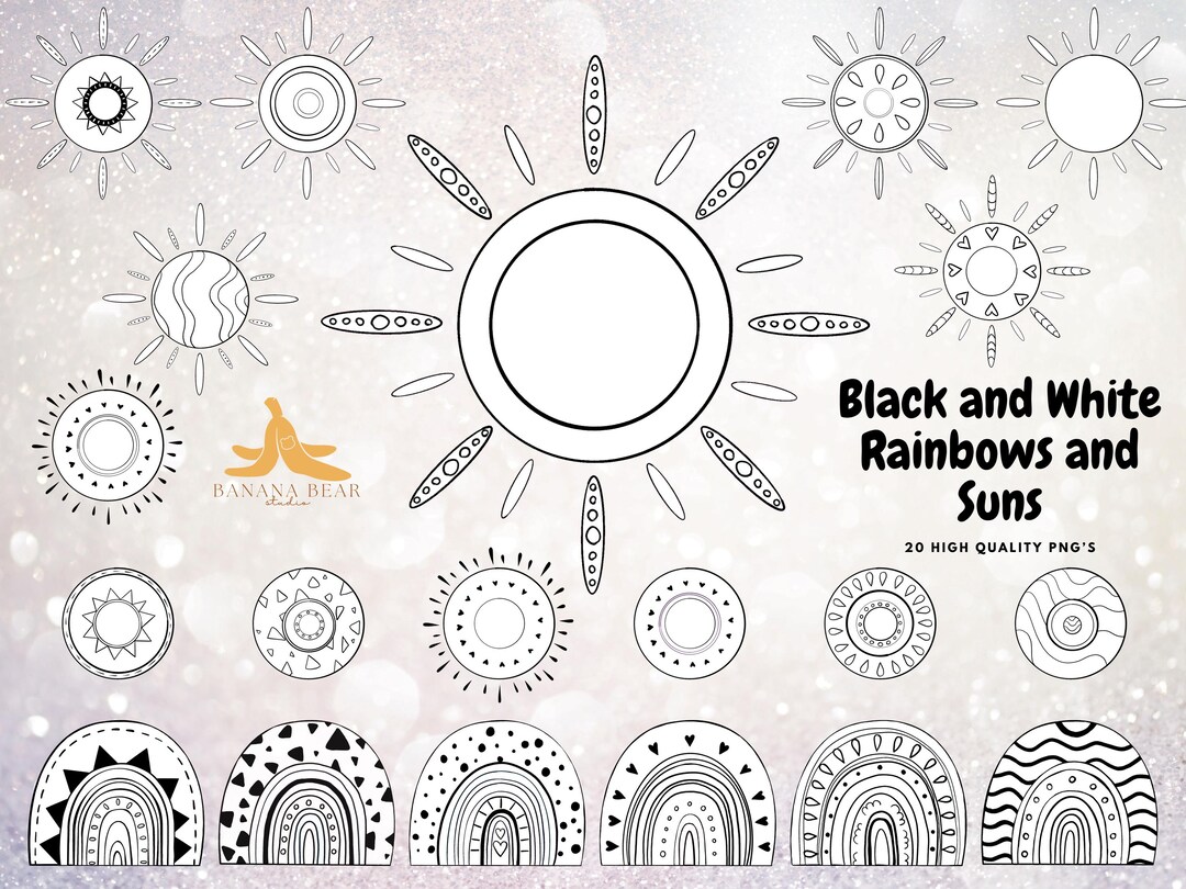 Black and White Rainbows & Suns Clip Art Bundle | Boho Line Art ...