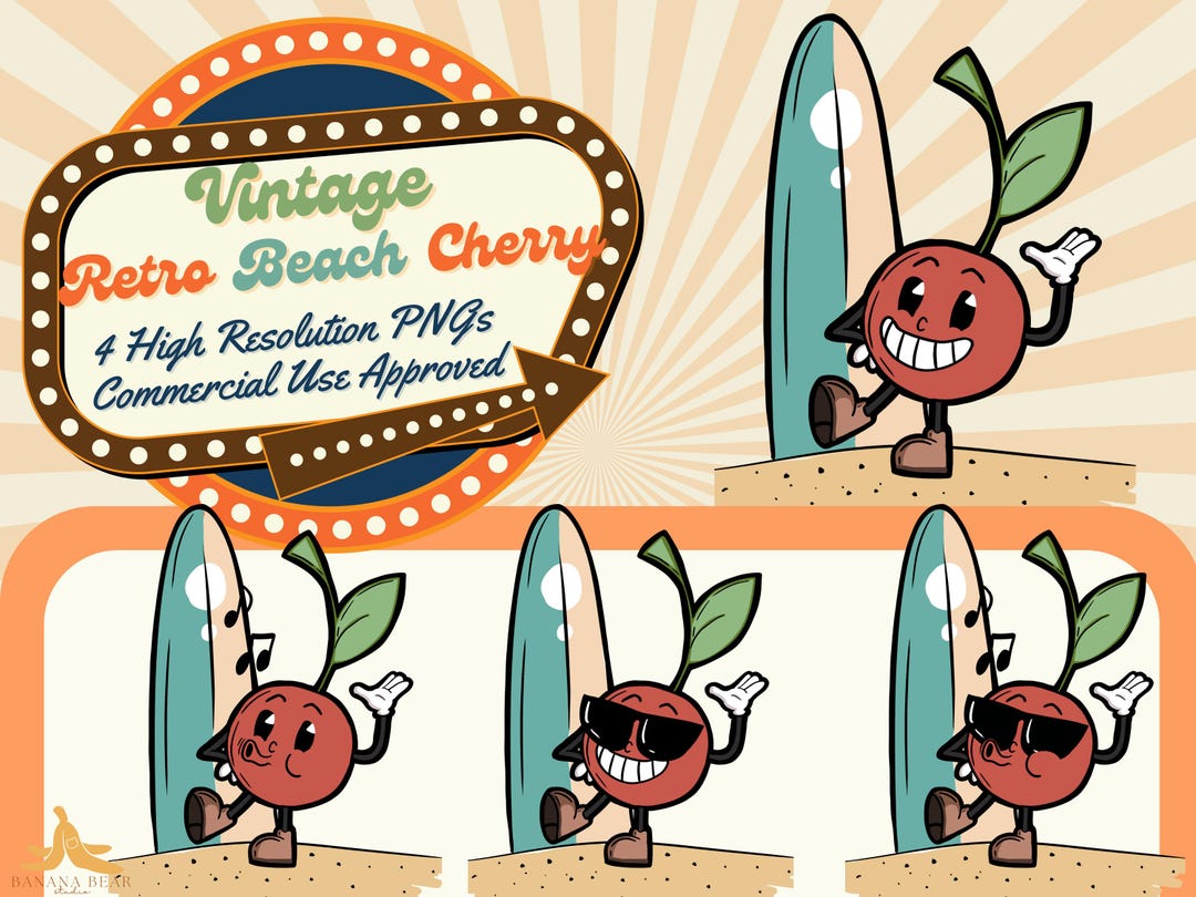 Retro Beach Cherry Clipart | Surfboard PNG Bundle (digital Download) - Etsy