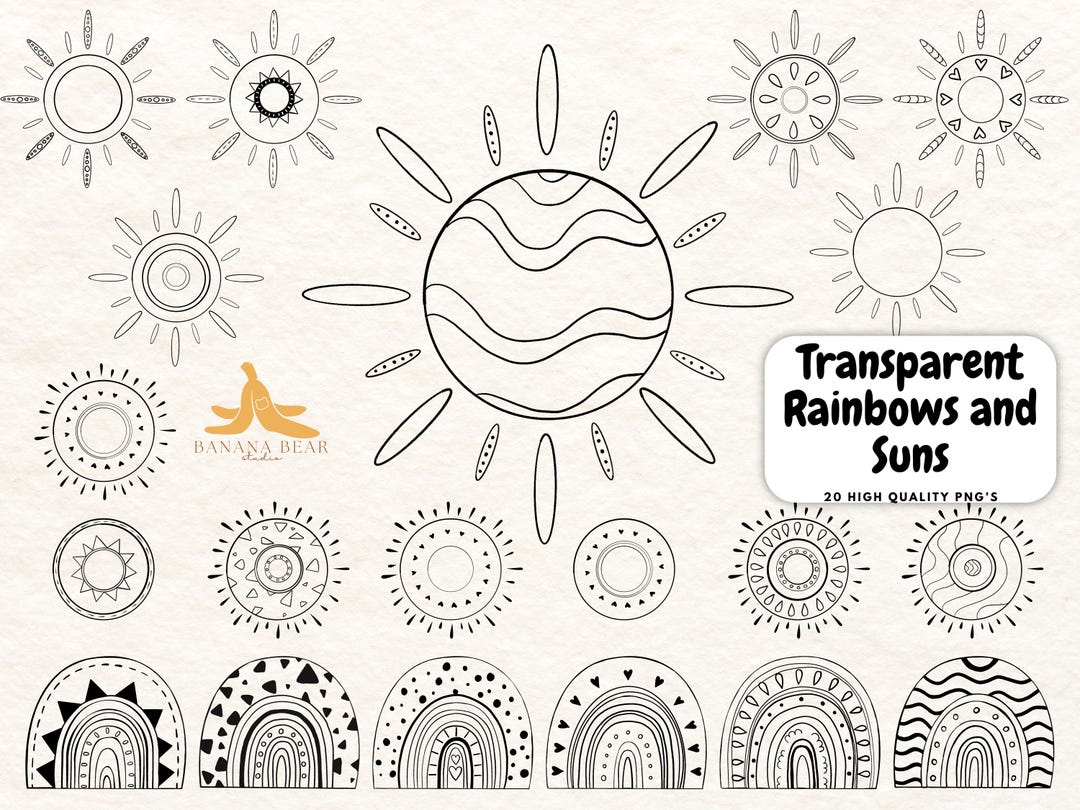 Transparent Rainbows & Suns Clip Art Bundle | Boho Line Art | Coloring ...