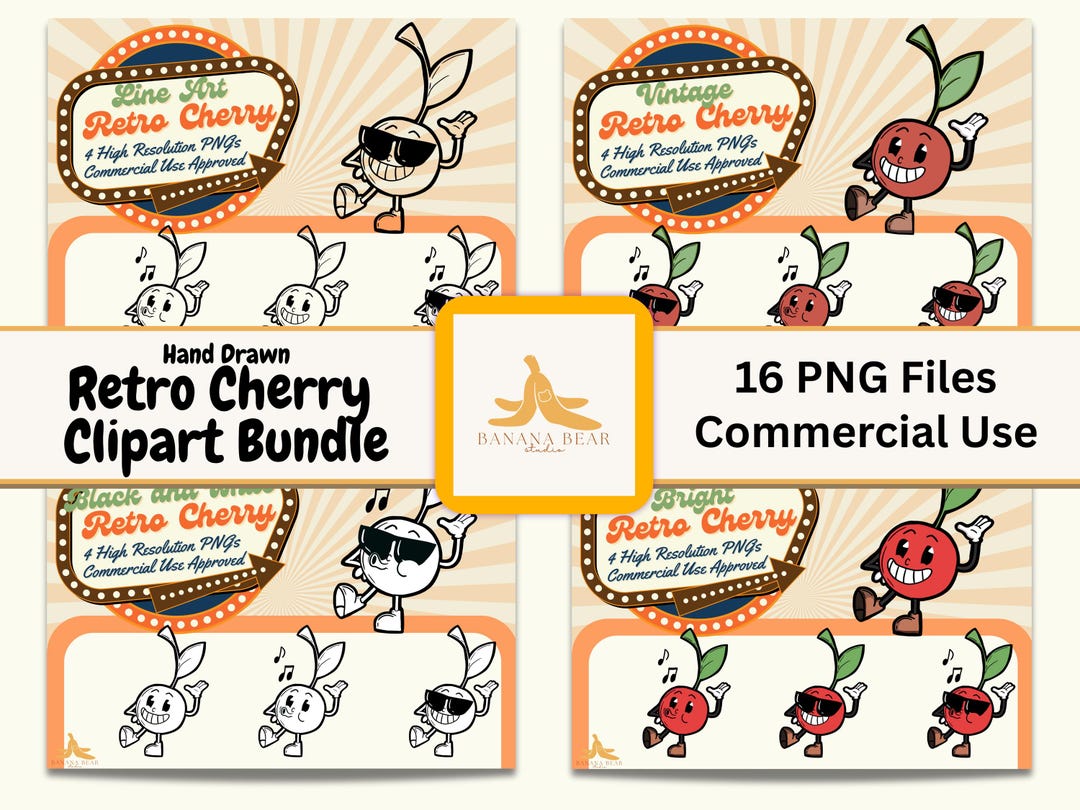 Retro Cherry Clipart Bundle | Summer Clipart | Vintage Fruit Pngs | 16 ...