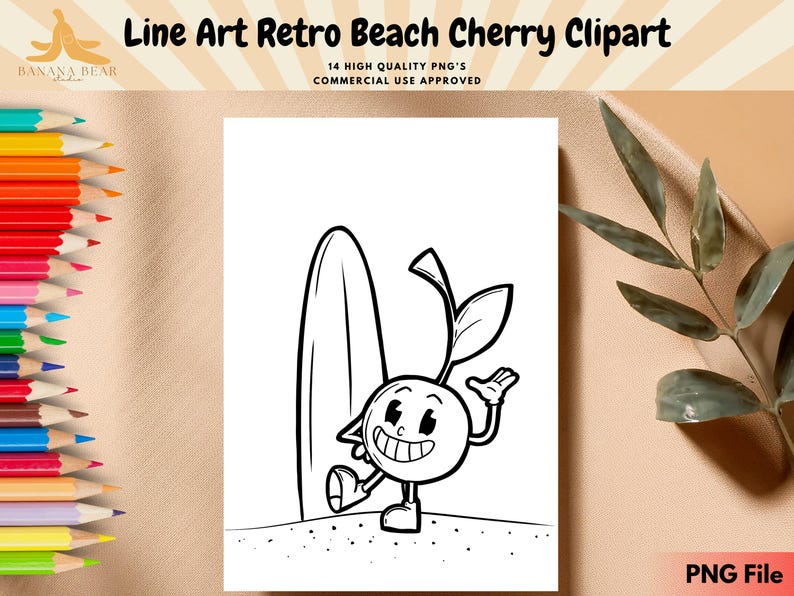 Line Art Retro Beach Cherry Clipart | 4 PNG Line Art Illustrations ...