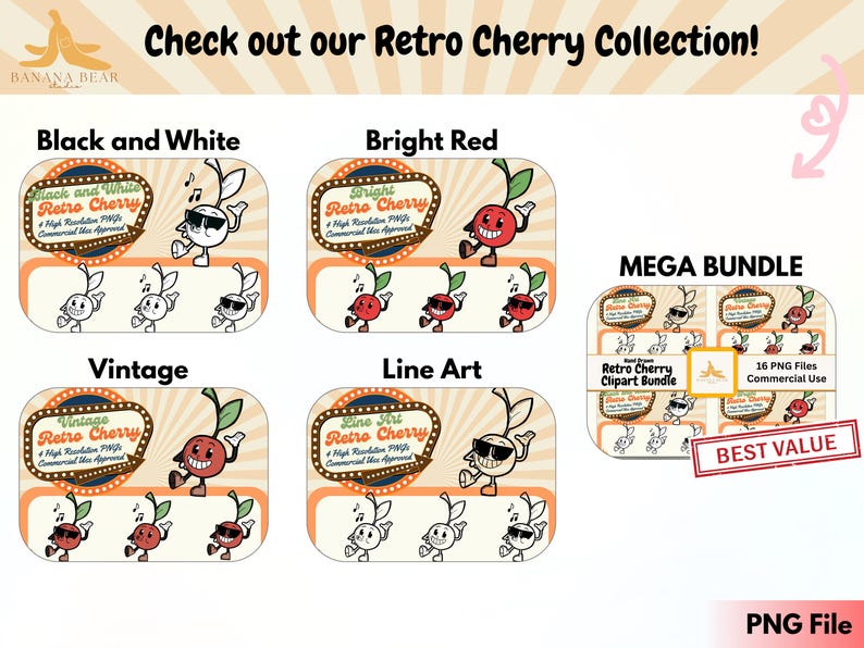 Line Art Retro Beach Cherry Clipart | 4 PNG Line Art Illustrations ...