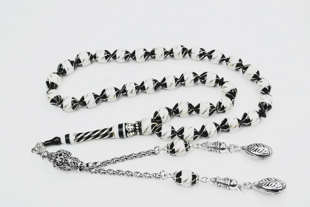 Oltu Stone Tasbih: Six Çeşmi Bülbül Design, White Galalith, 925 ...