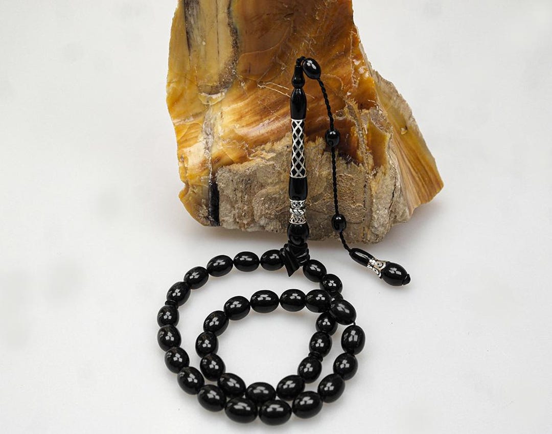 Handmade Oltu Stone Prayer Beads – Silver Detailing, Baklava Pattern ...