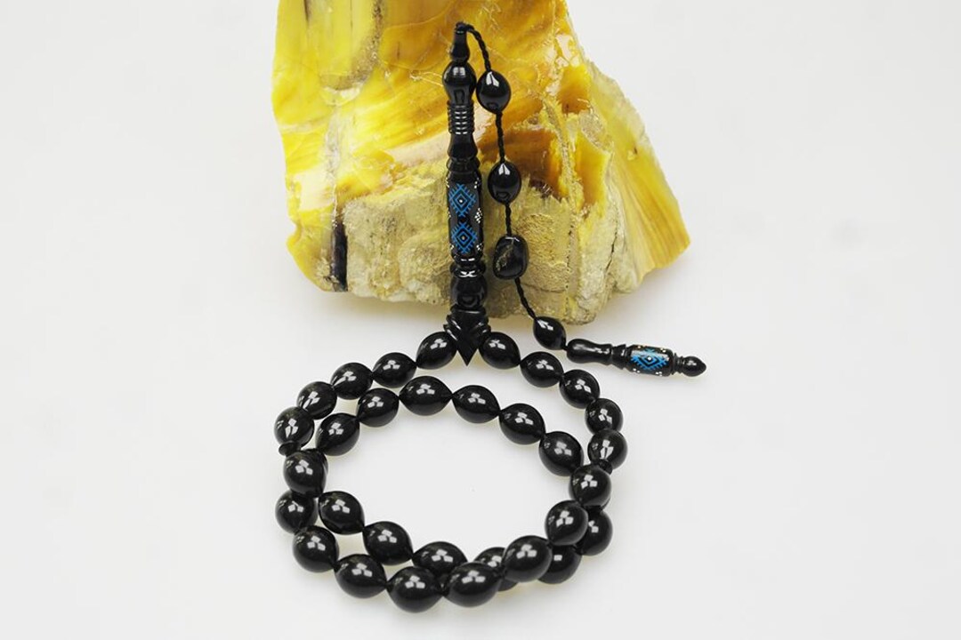 Oltu Stone Prayer Beads – Kilim Pattern Carved Imame With Enamel Inlay ...
