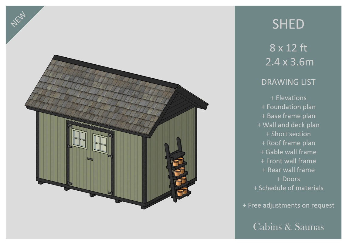 SHED , 8x12ft / 2.4x3.6m, Blueprints / Construction Drawings for a ...