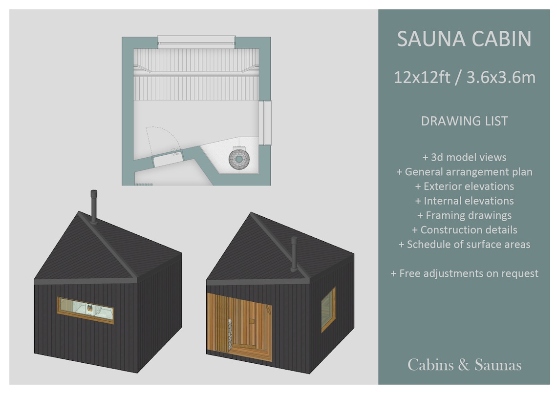 SAUNA BLUEPRINTS, 12x12ft /3.6x3.6m, DIY Construction Drawings for a ...