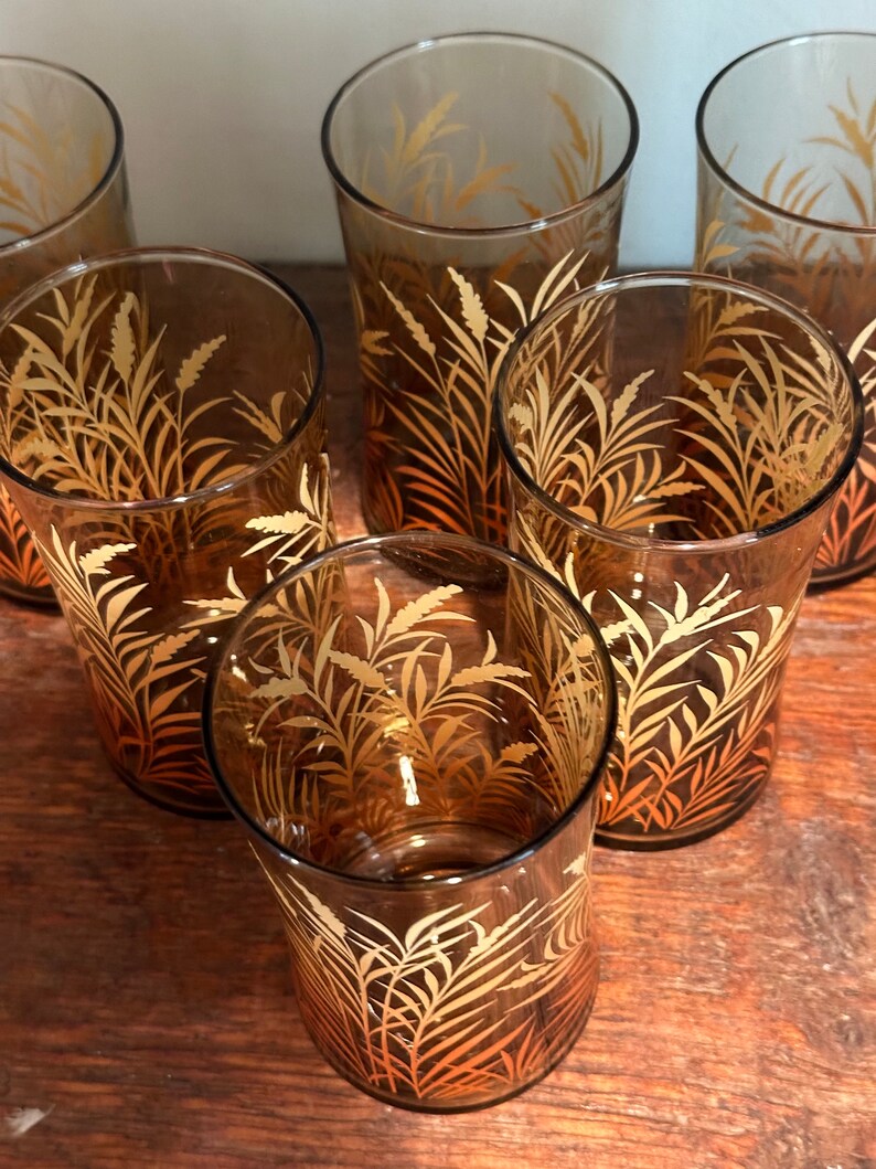 Vintage Wheat Motif Drinking Glasses Set of 6. Amber Ombre Glass With ...