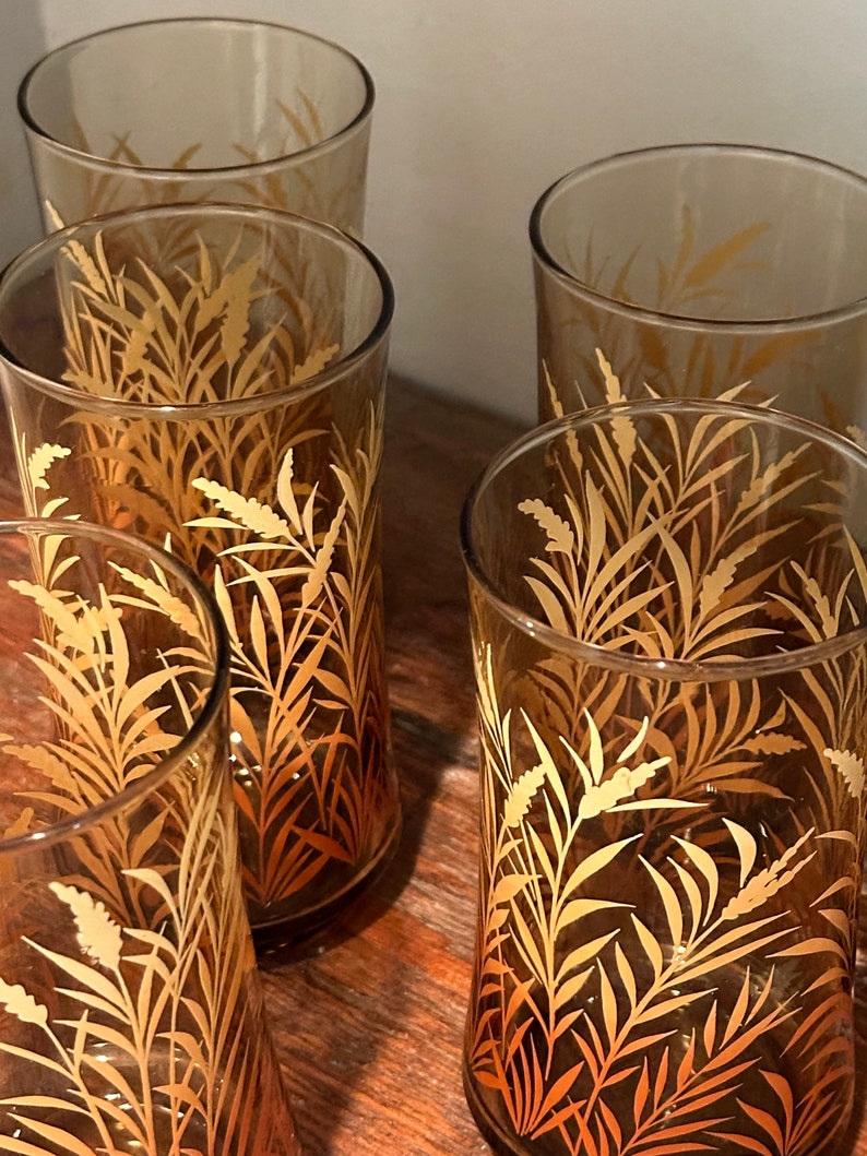 Vintage Wheat Motif Drinking Glasses Set of 6. Amber Ombre Glass With ...