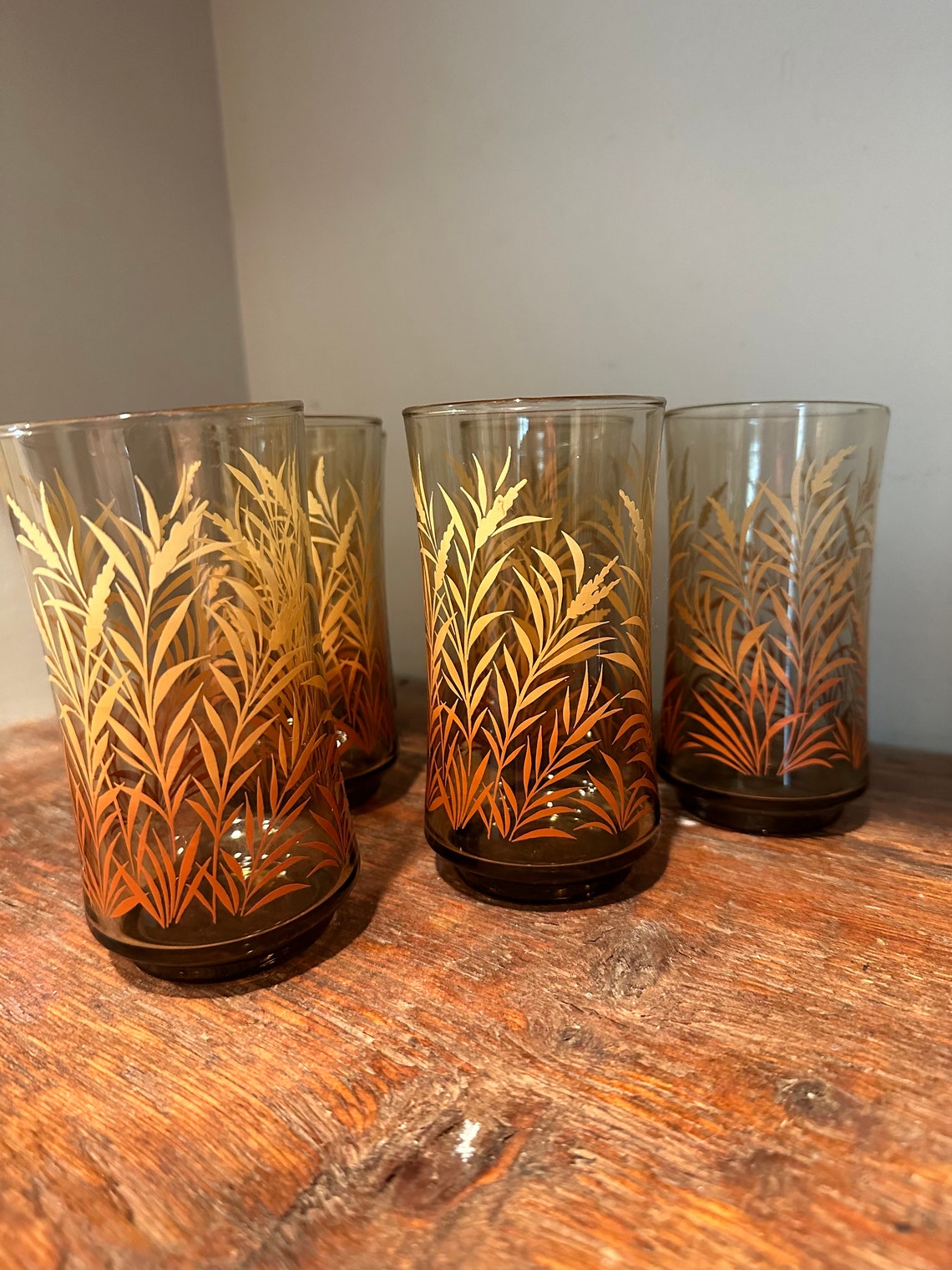 Vintage Wheat Motif Drinking Glasses Set of 6. Amber Ombre Glass With ...