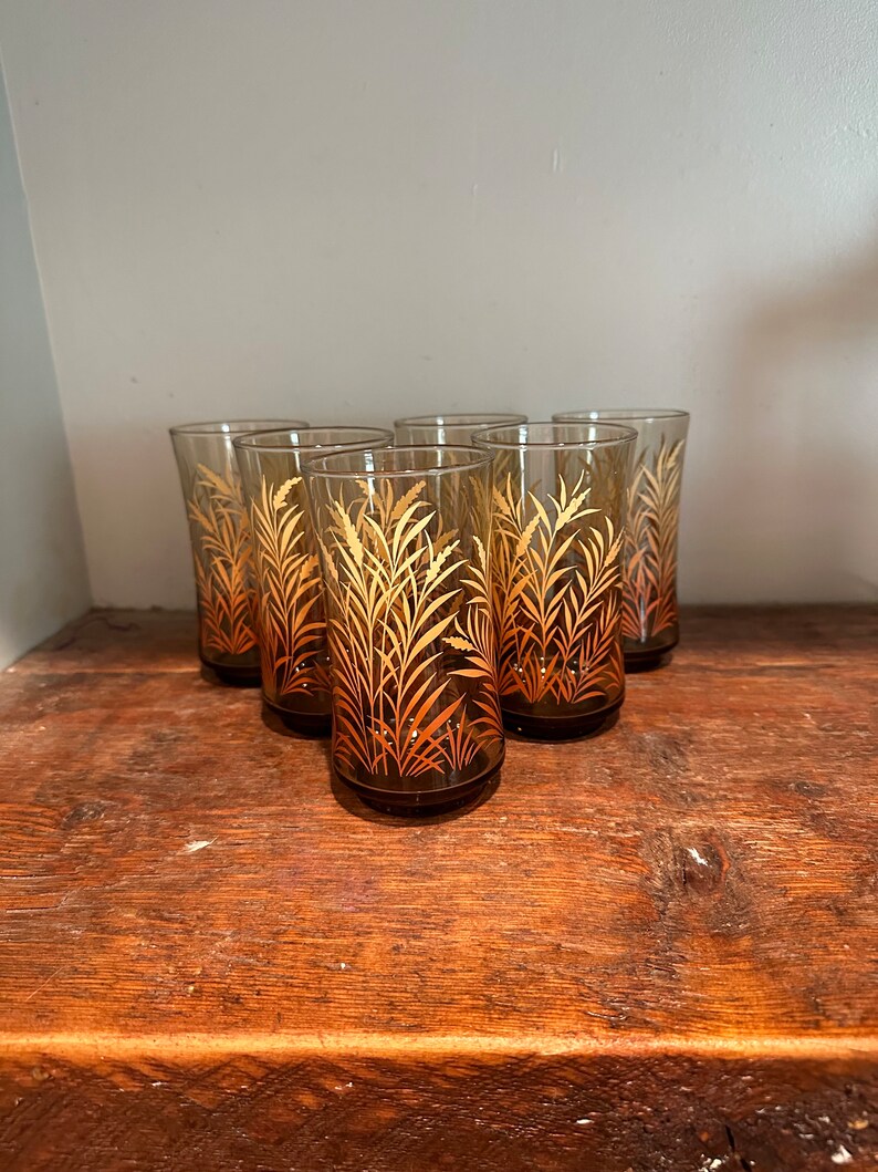 Vintage Wheat Motif Drinking Glasses Set of 6. Amber Ombre Glass With ...