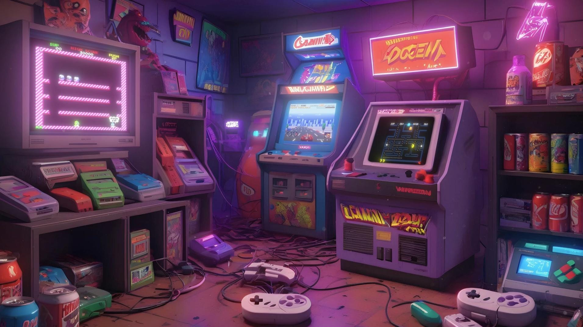 Retro Arcade Haven - Animated Background With 90s Gaming Consoles, Neon ...