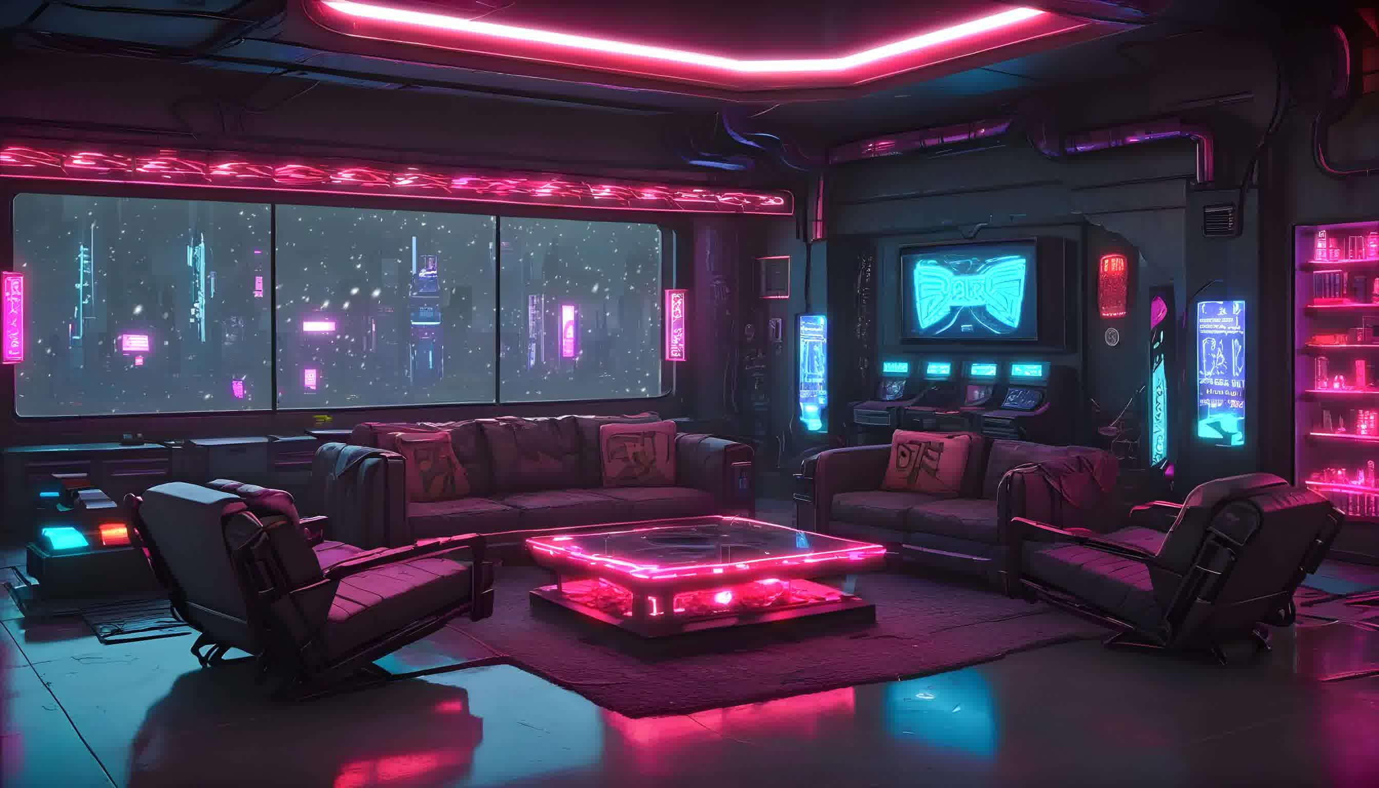 Neon-lit Cyberpunk Living Room Background: Cityscape Window View Suited ...