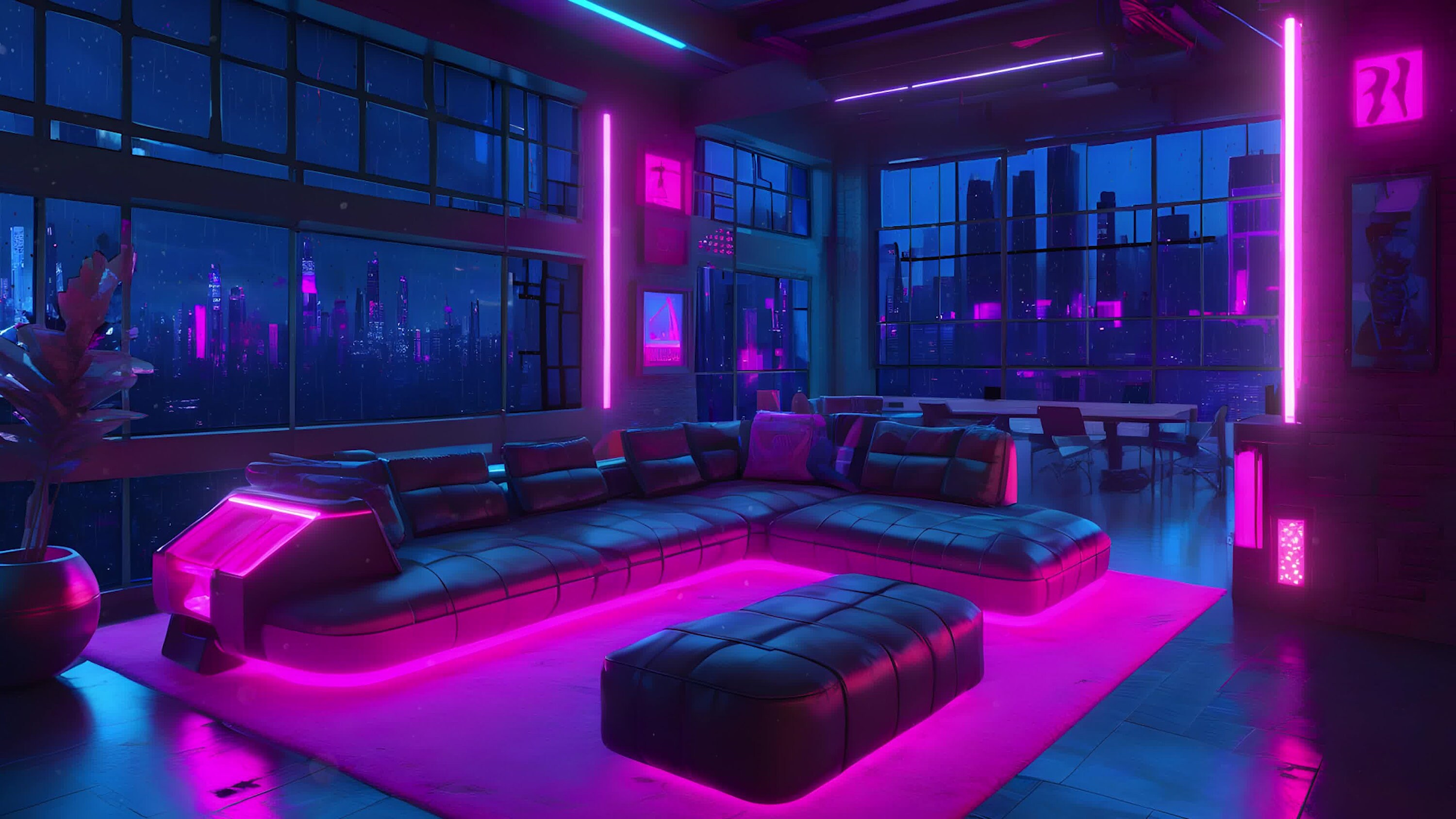 Neon Chic Loft Animated Background Modern Fireplace & Vibrant Cyberpunk ...