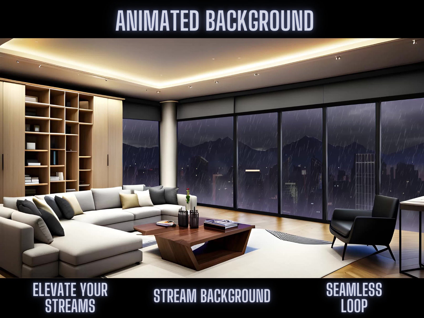 Cozy Living Room Animated Background Rainy Evening Window Panorama ...