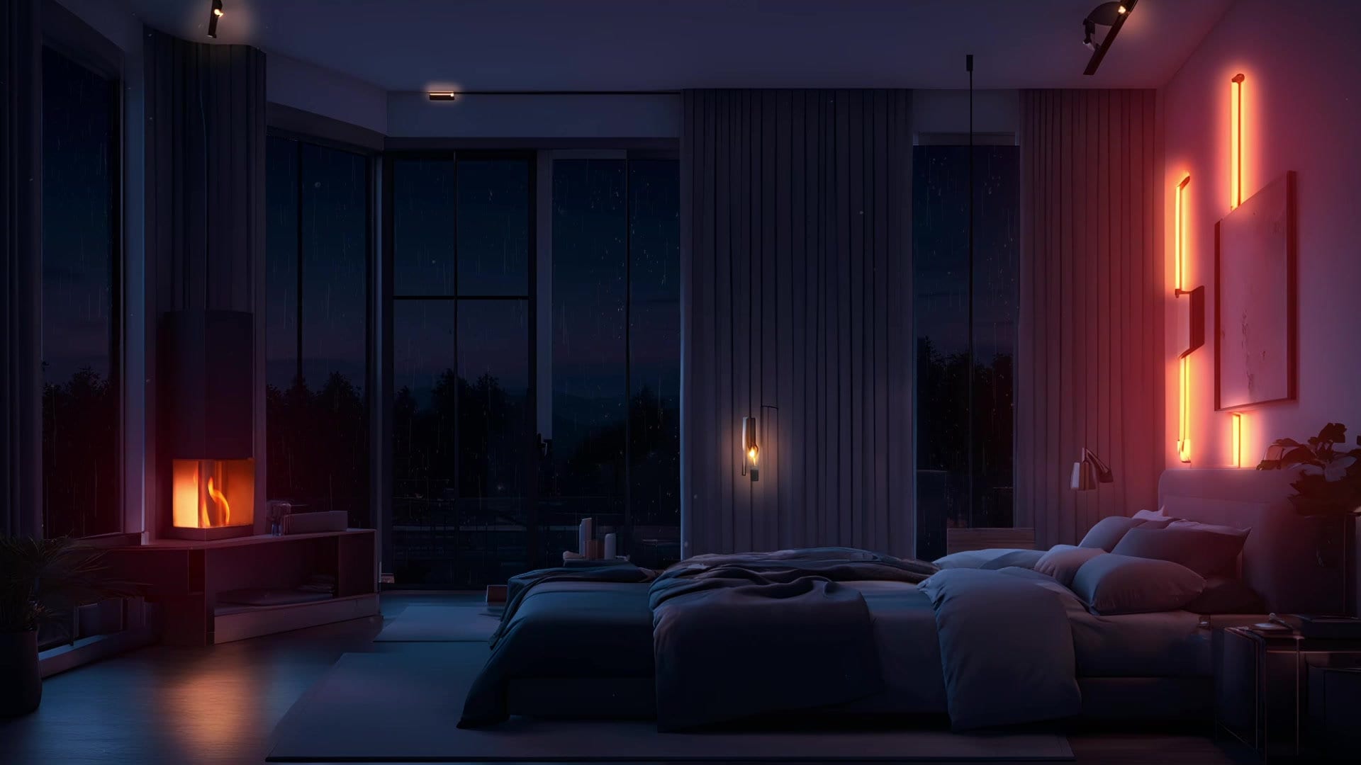 Animated Background: Cozy Nighttime Bedroom Rainy Window & Warm ...