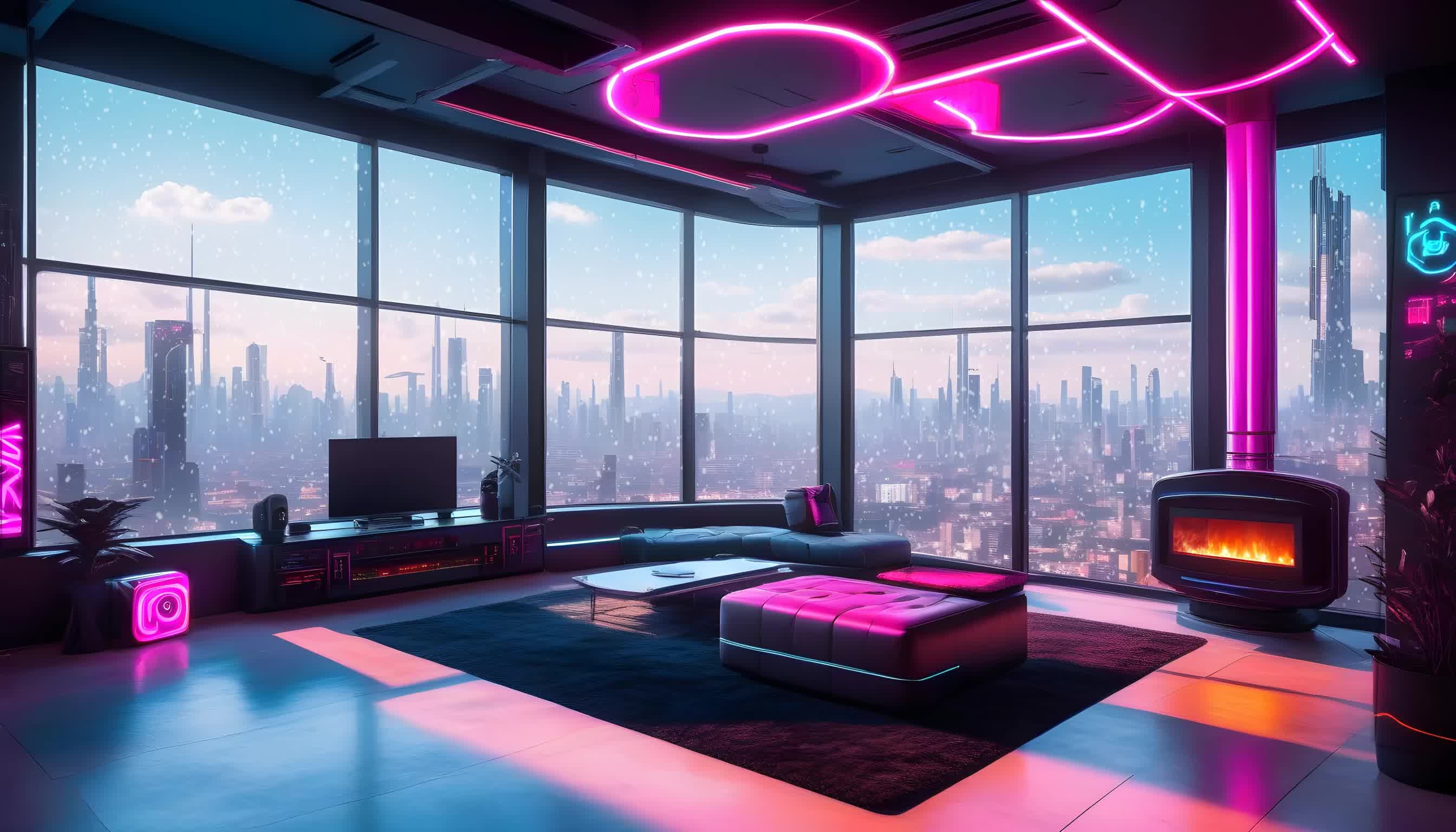 Modern Cyberpunk Loft Animated Background | Neon Ambiance & Fireplace ...