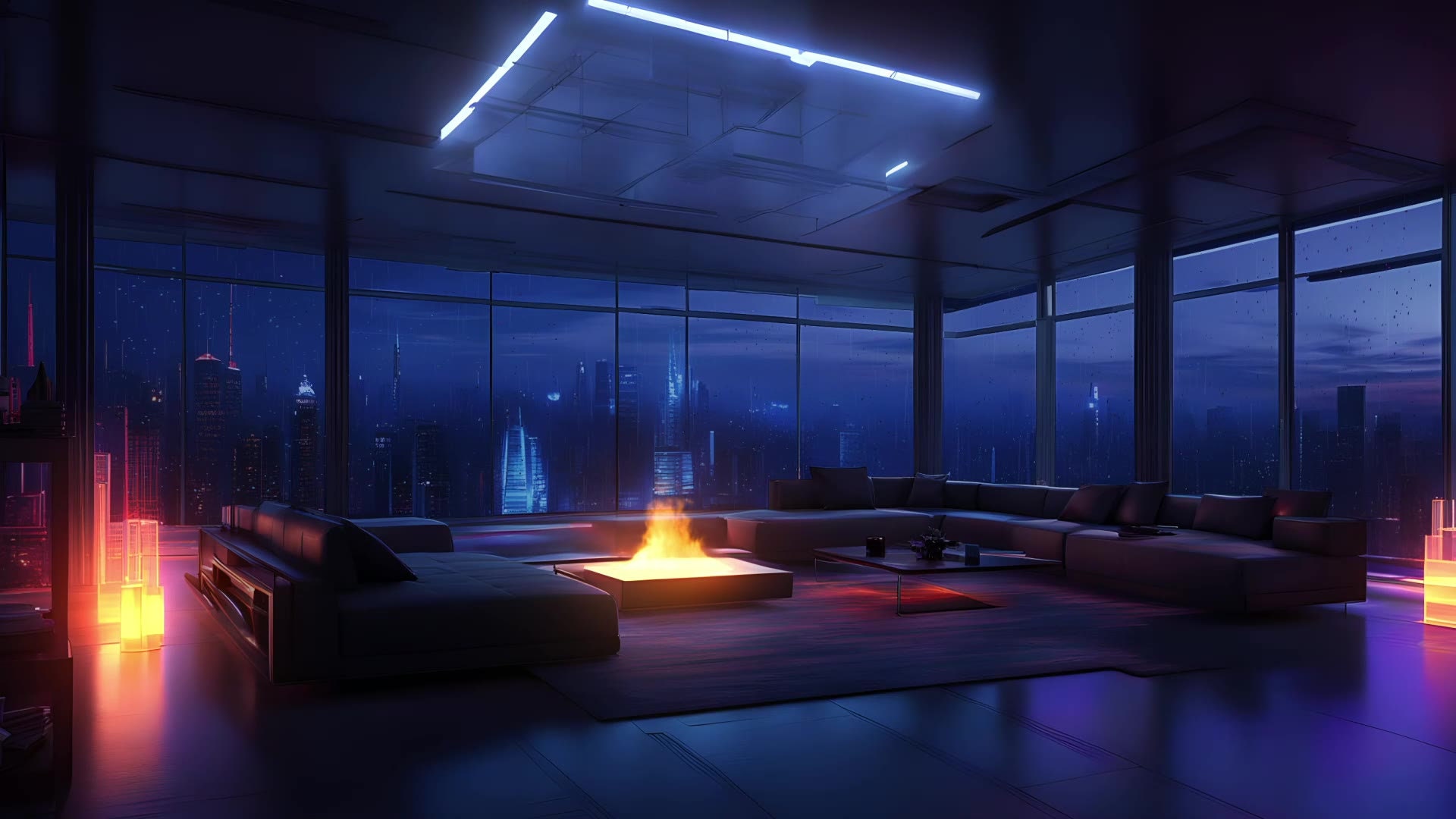Contemporary Apartment Animated Background | Neon Illumination & Rain ...