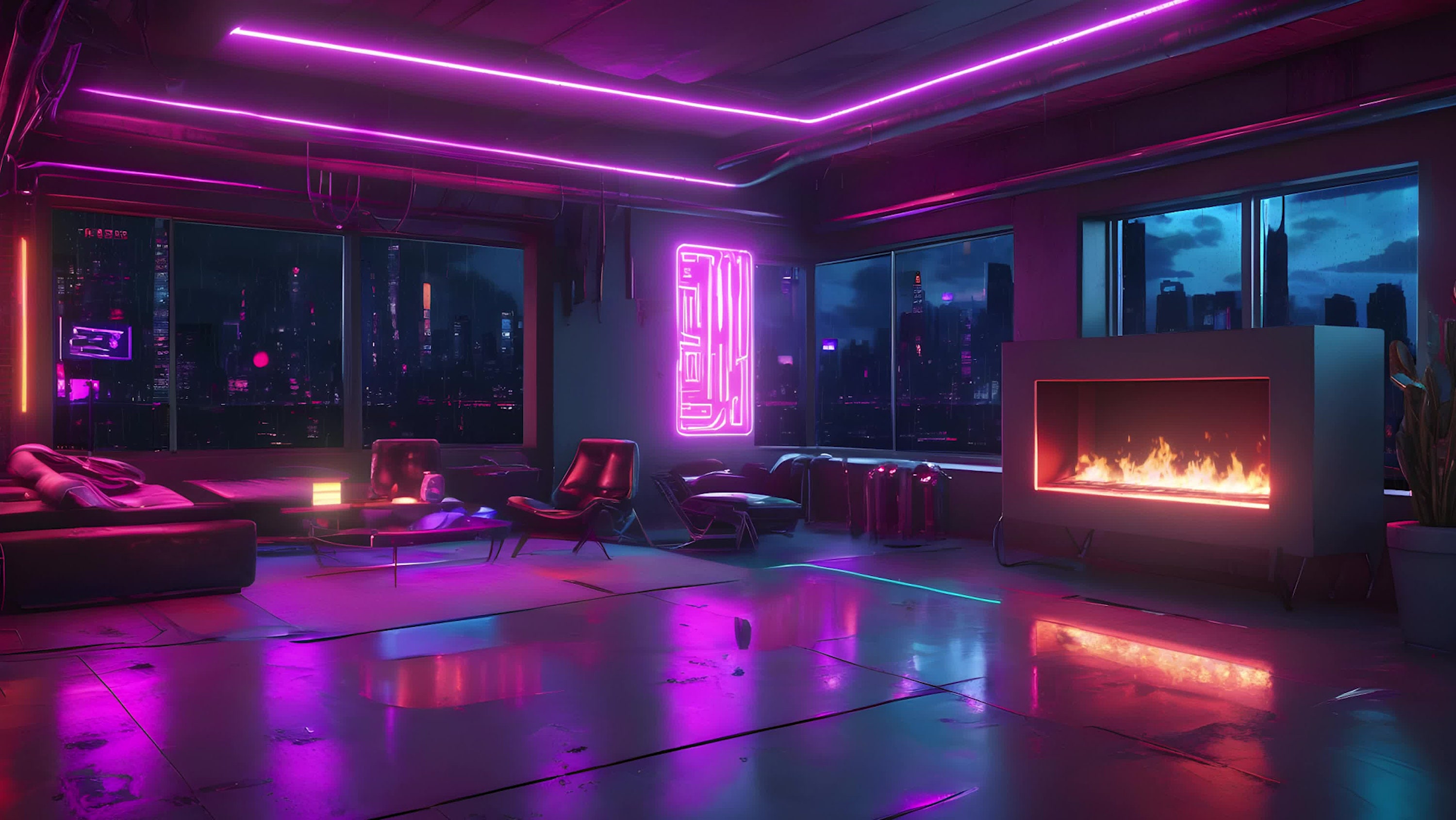 Cyber Elegance Animated Background Chic Fireplace & Neon Accents ...