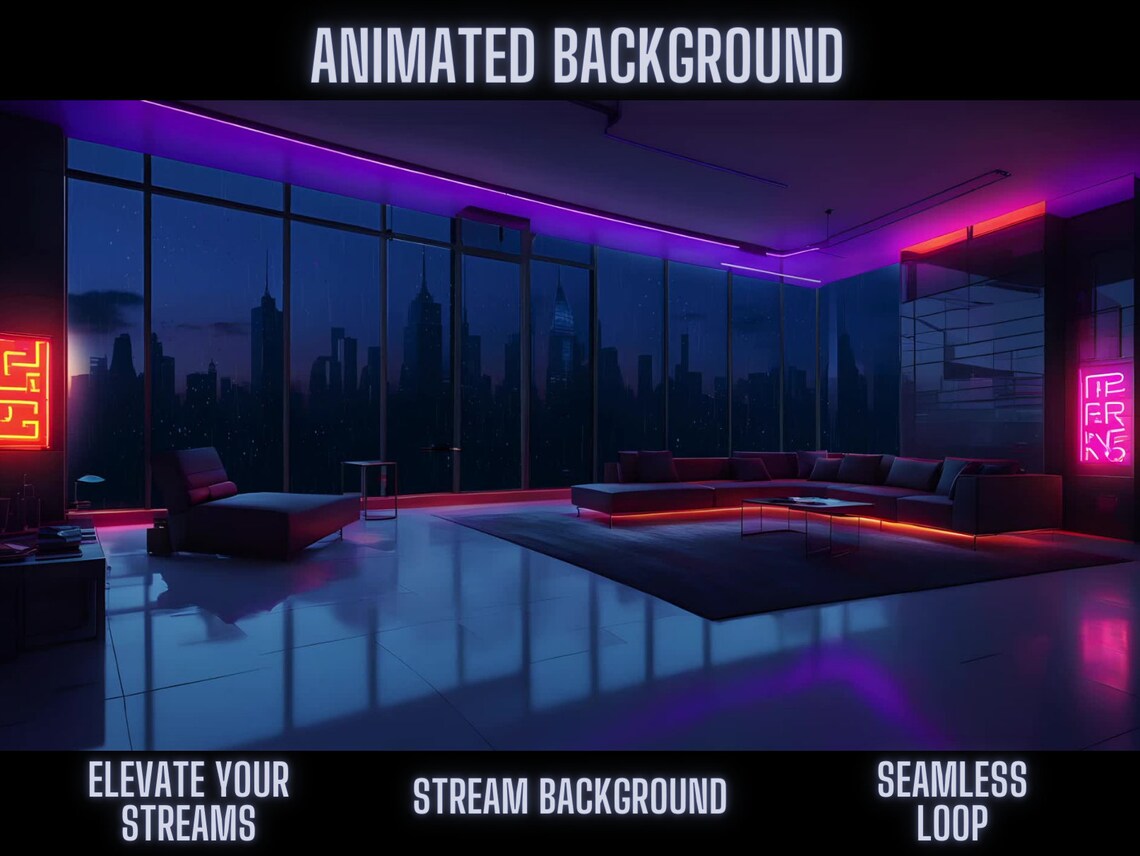 Animated Background Modern Apartment | Rainfall & Neon Lights Ambiance ...