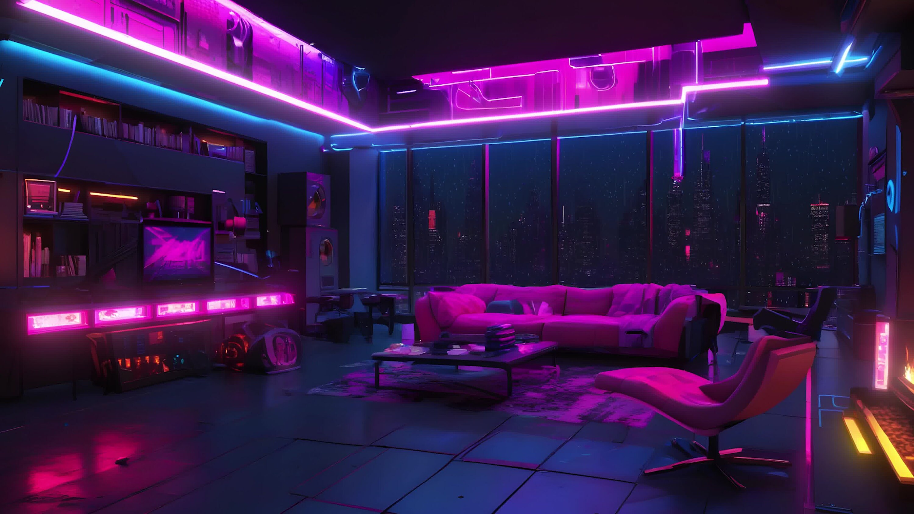 Neon Tech Haven Animated Background | Cyberpunk Loft With Panoramic ...