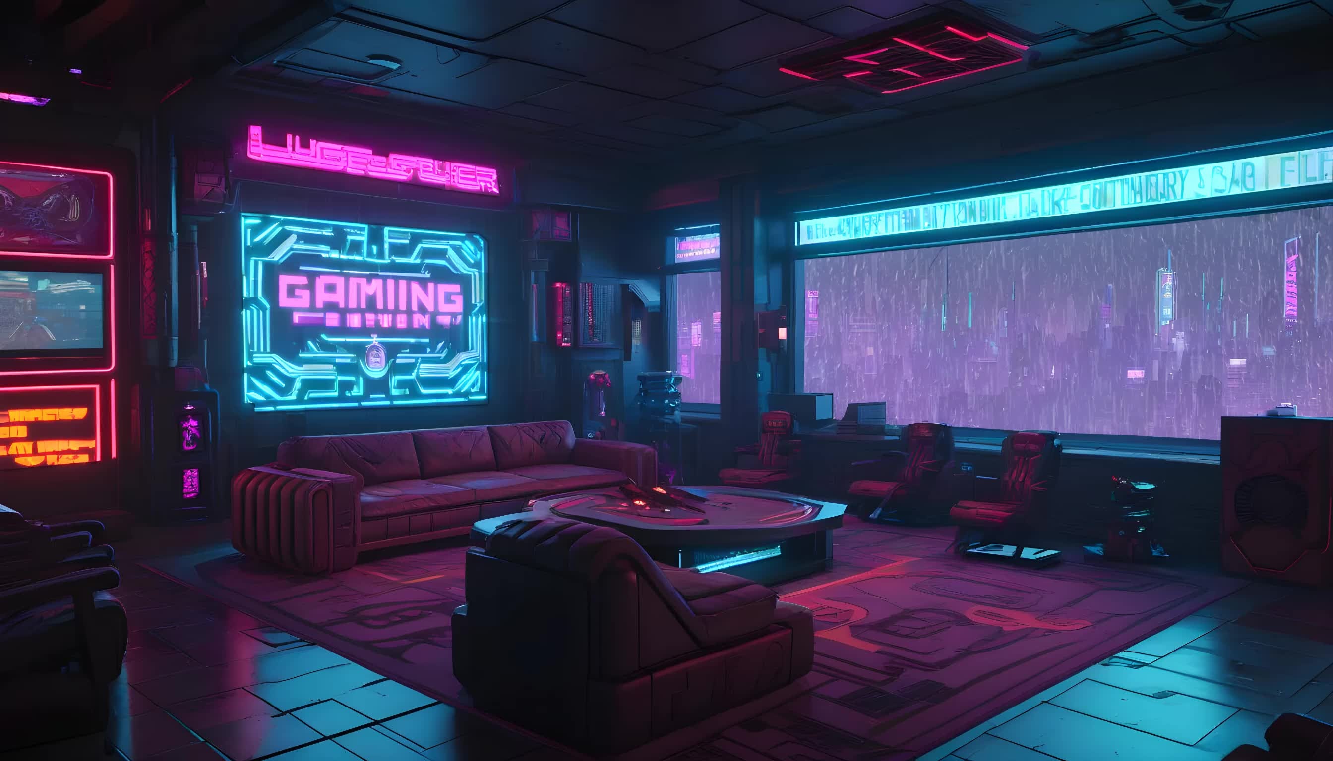 Cyberpunk Living Room Animated Backdrop: Neon Lights & Urban Skyline ...