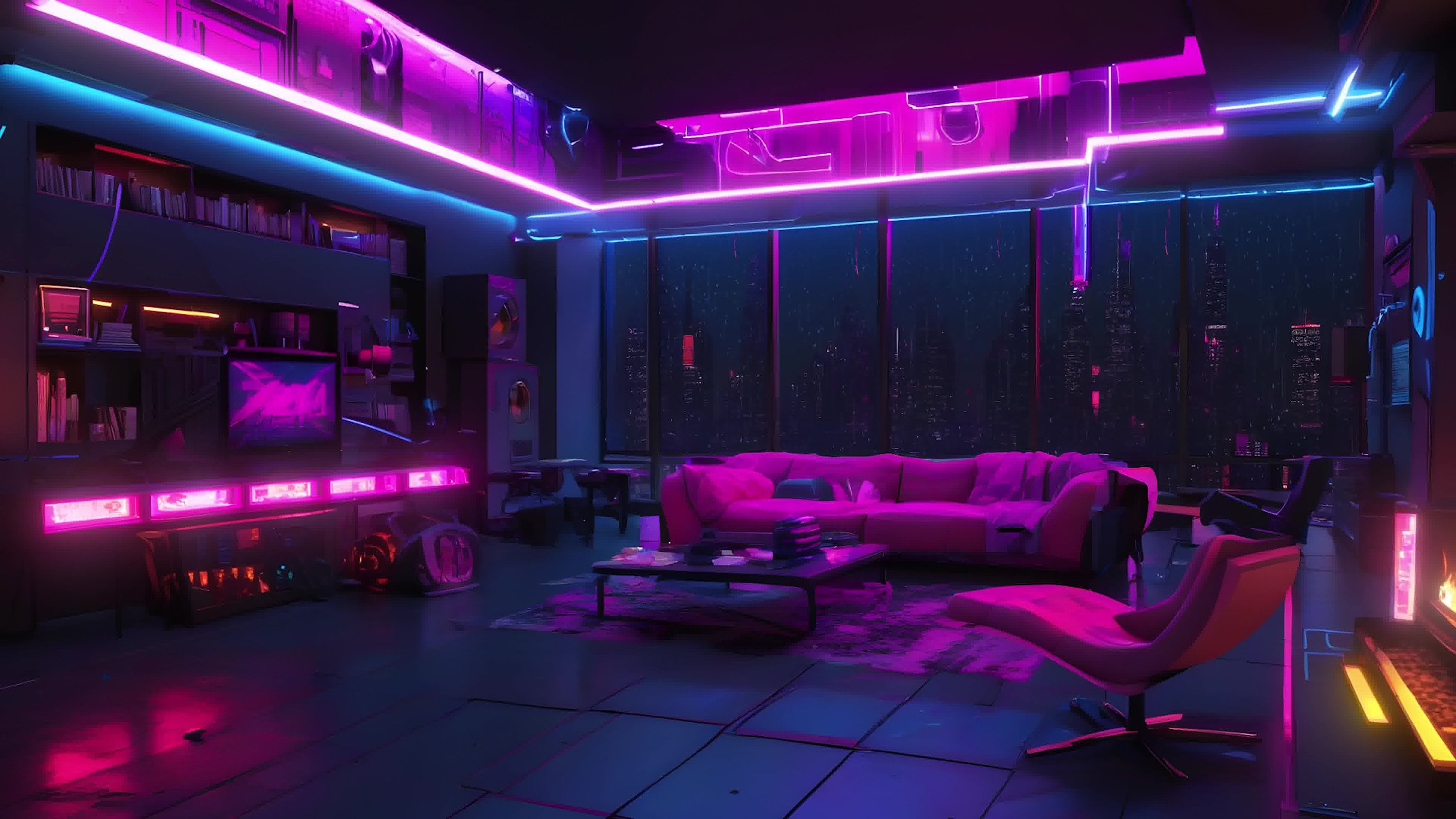 Neon Tech Haven Animated Background Cyberpunk Loft With Panoramic City ...