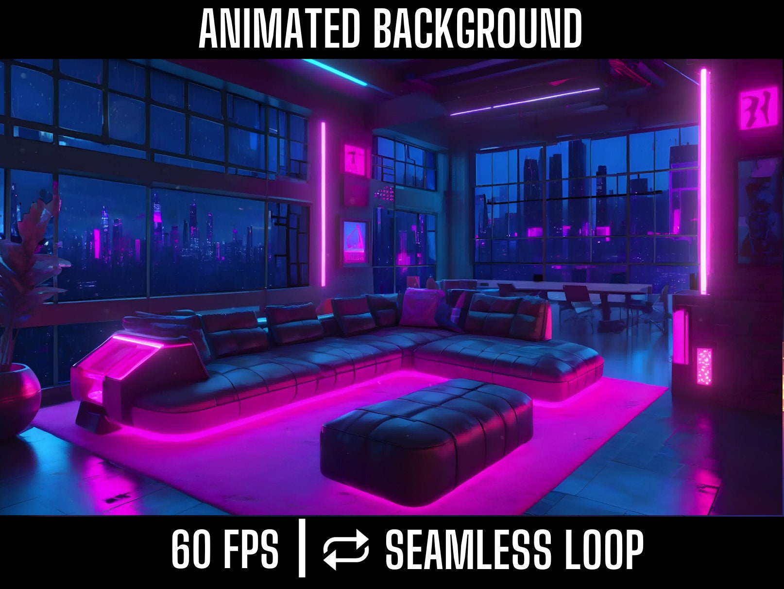 Neon Chic Loft Animated Background Modern Fireplace & Vibrant Cyberpunk ...
