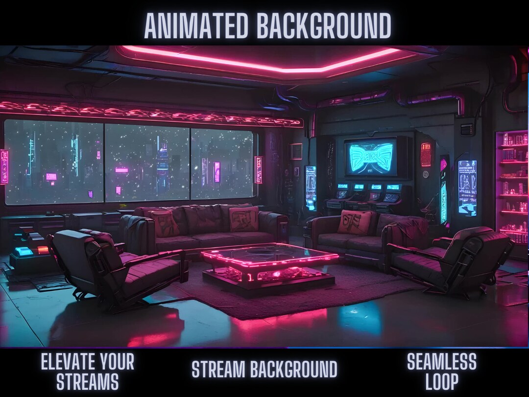 Neon-lit Cyberpunk Living Room Background: Cityscape Window View ...