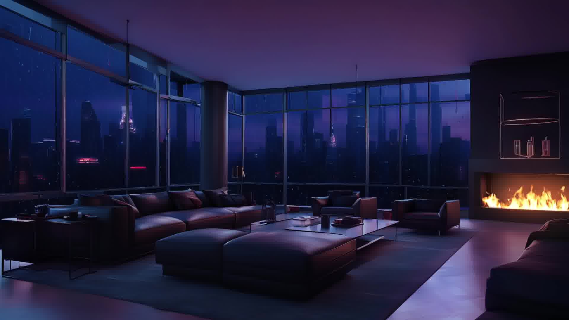 Modern Apartment Animated Background Neon Glow & Rainy Window View ...