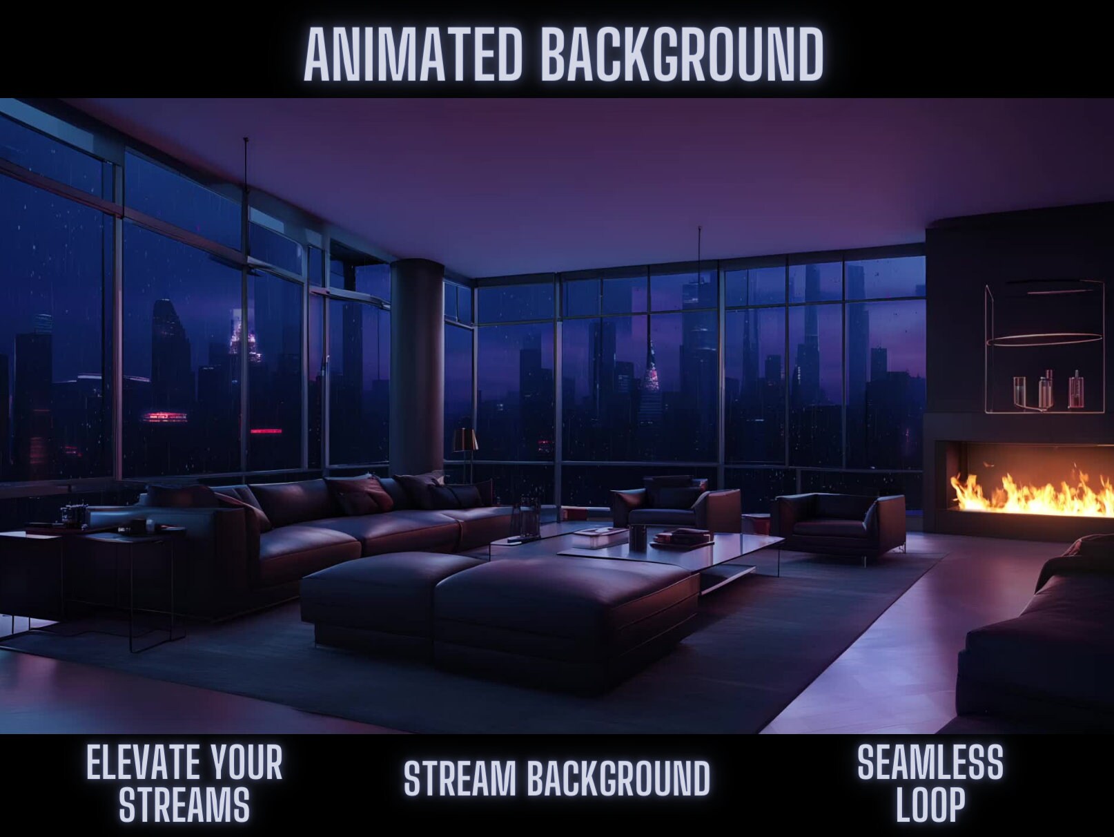Modern Apartment Animated Background Neon Glow & Rainy Window View ...