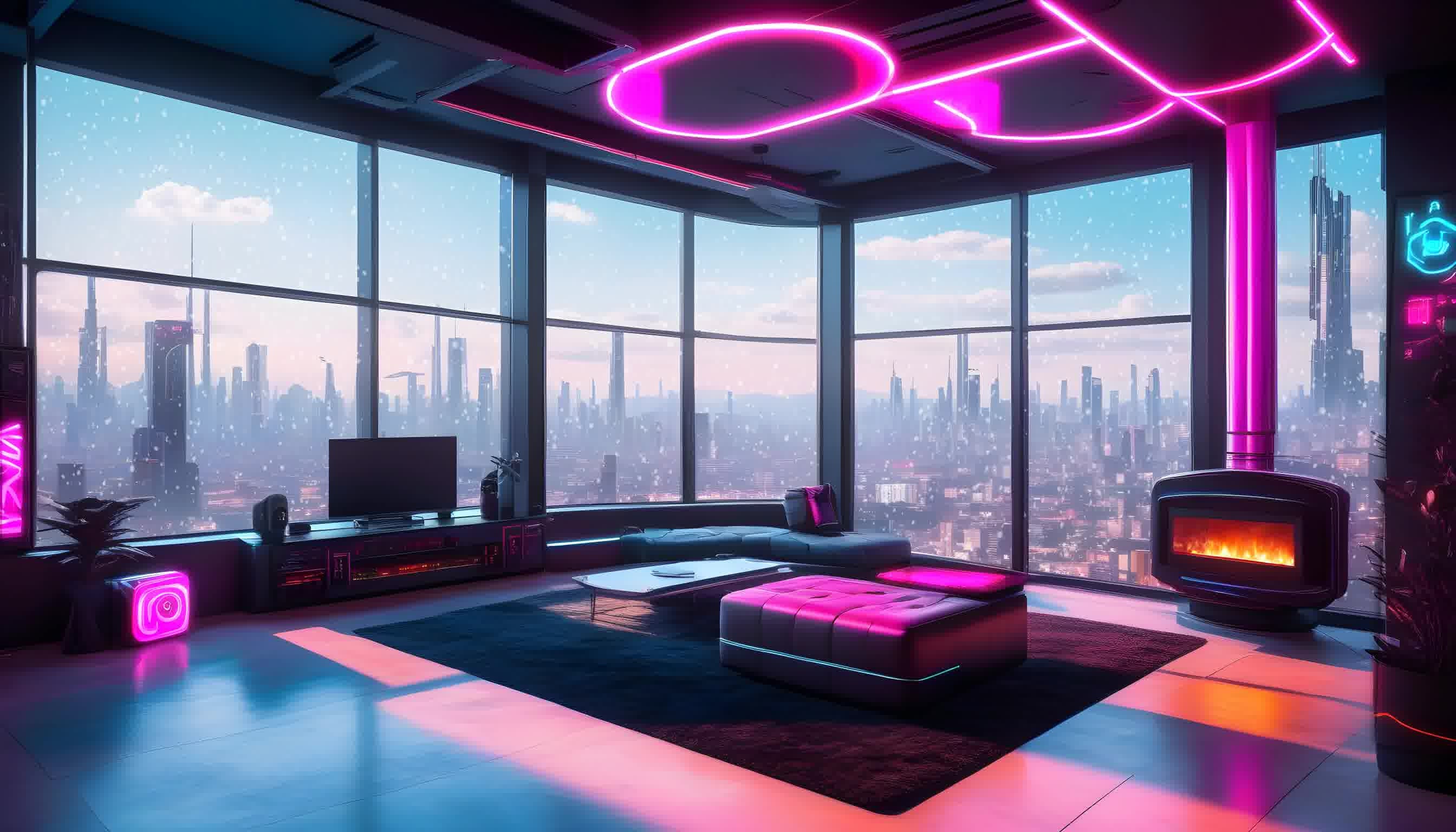 Modern Cyberpunk Loft Animated Background | Neon Ambiance & Fireplace ...