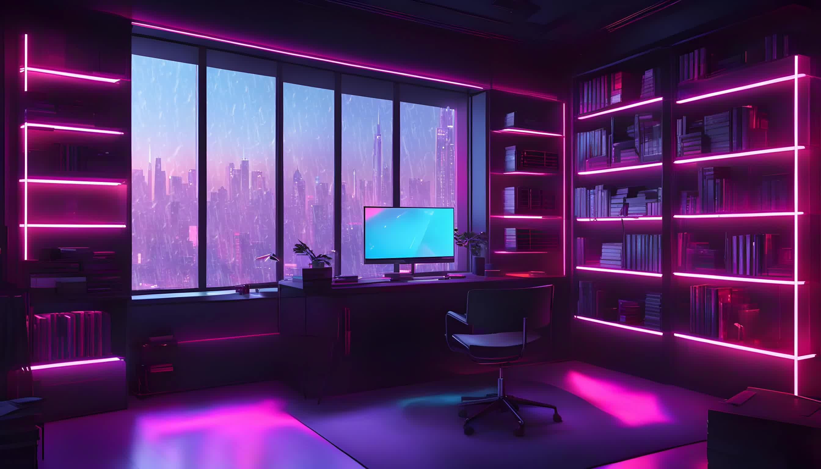 Animated Background Cyberpunk Oasis: Neon-lit Bedroom & Urban Skyline ...