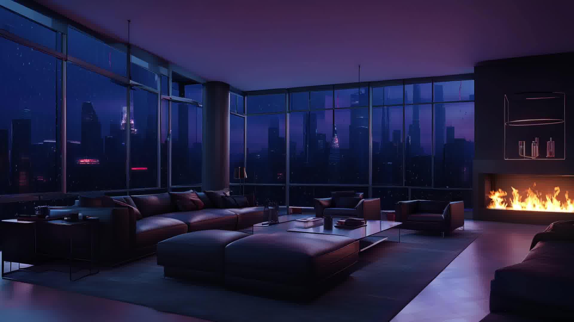 Modern Apartment Animated Background Neon Glow & Rainy Window View ...