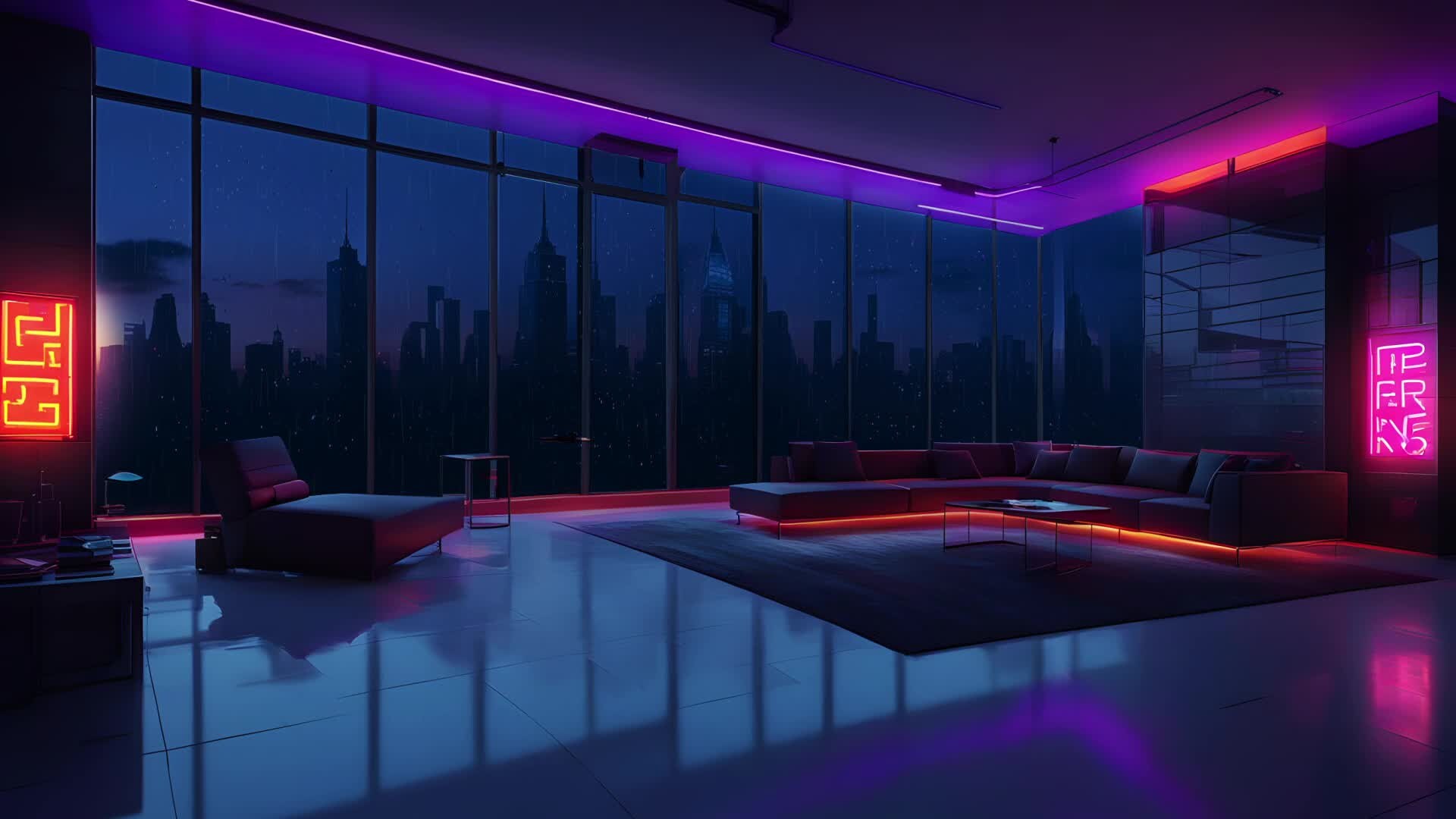 Animated Background Modern Apartment | Rainfall & Neon Lights Ambiance ...