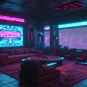 Cyberpunk Living Room Animated Backdrop: Neon Lights & Urban Skyline ...