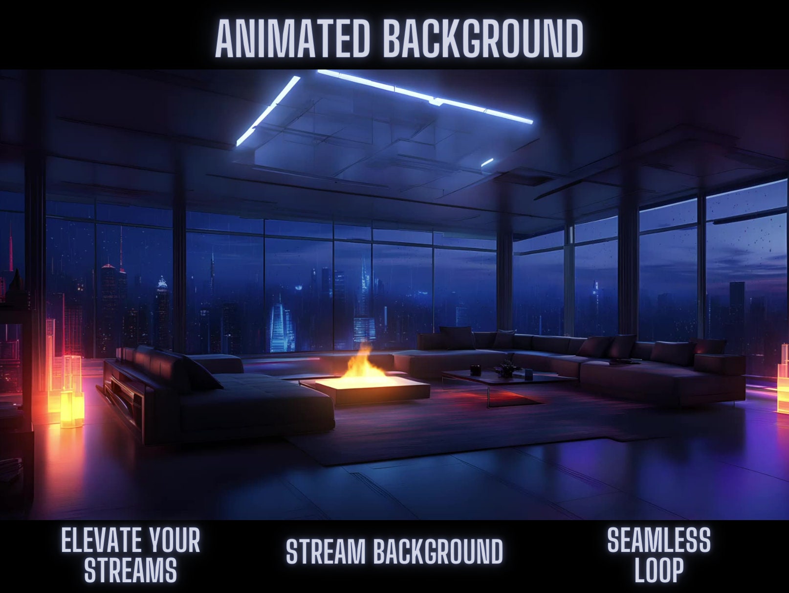 Contemporary Apartment Animated Background Neon Illumination & Rain ...