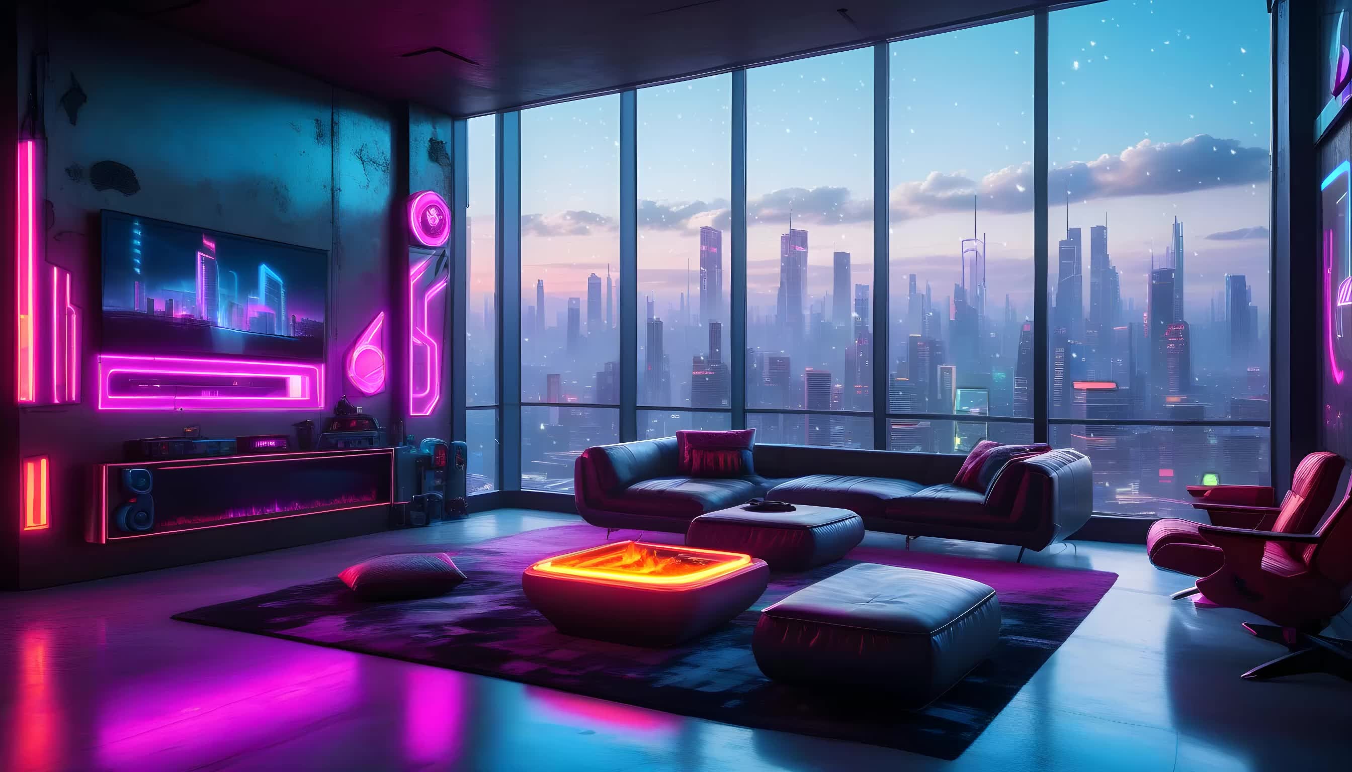 Futuristic Cyber Loft Animated Scene Stylish Fireplace & Neon Lights ...